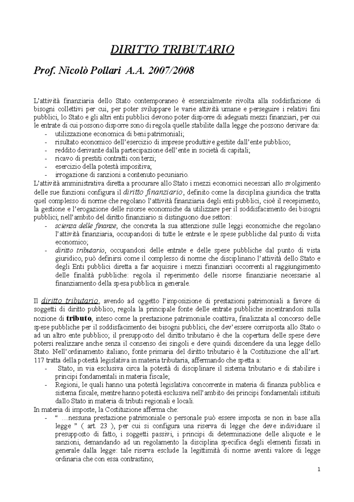 Sintesi Diritto Tributario - DIRITTO TRIBUTARIO Prof. Nicolò Pollari A ...