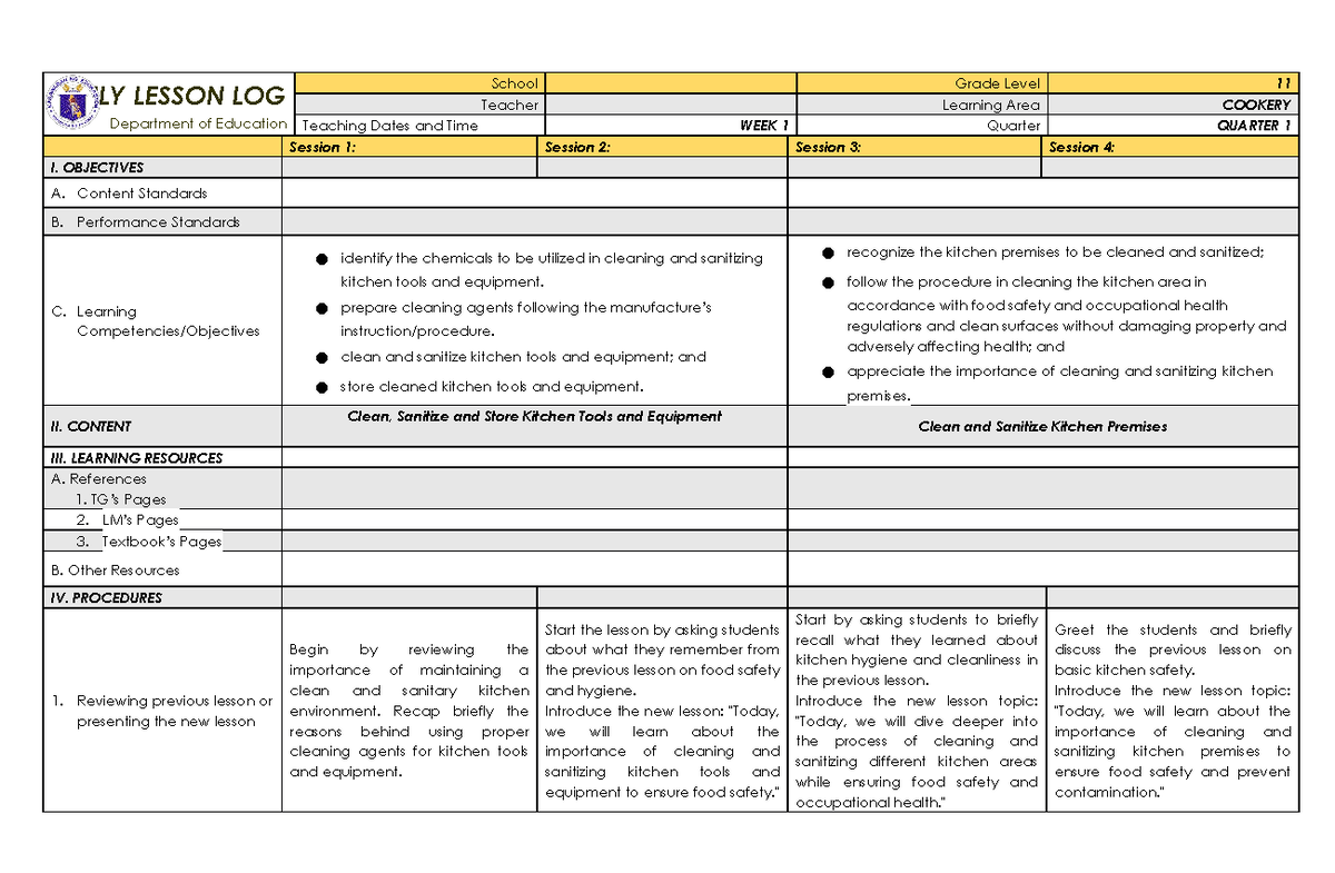 Cookery Quarter 1 WEEK 1 - DAILY LESSON LOG Department of Education ...