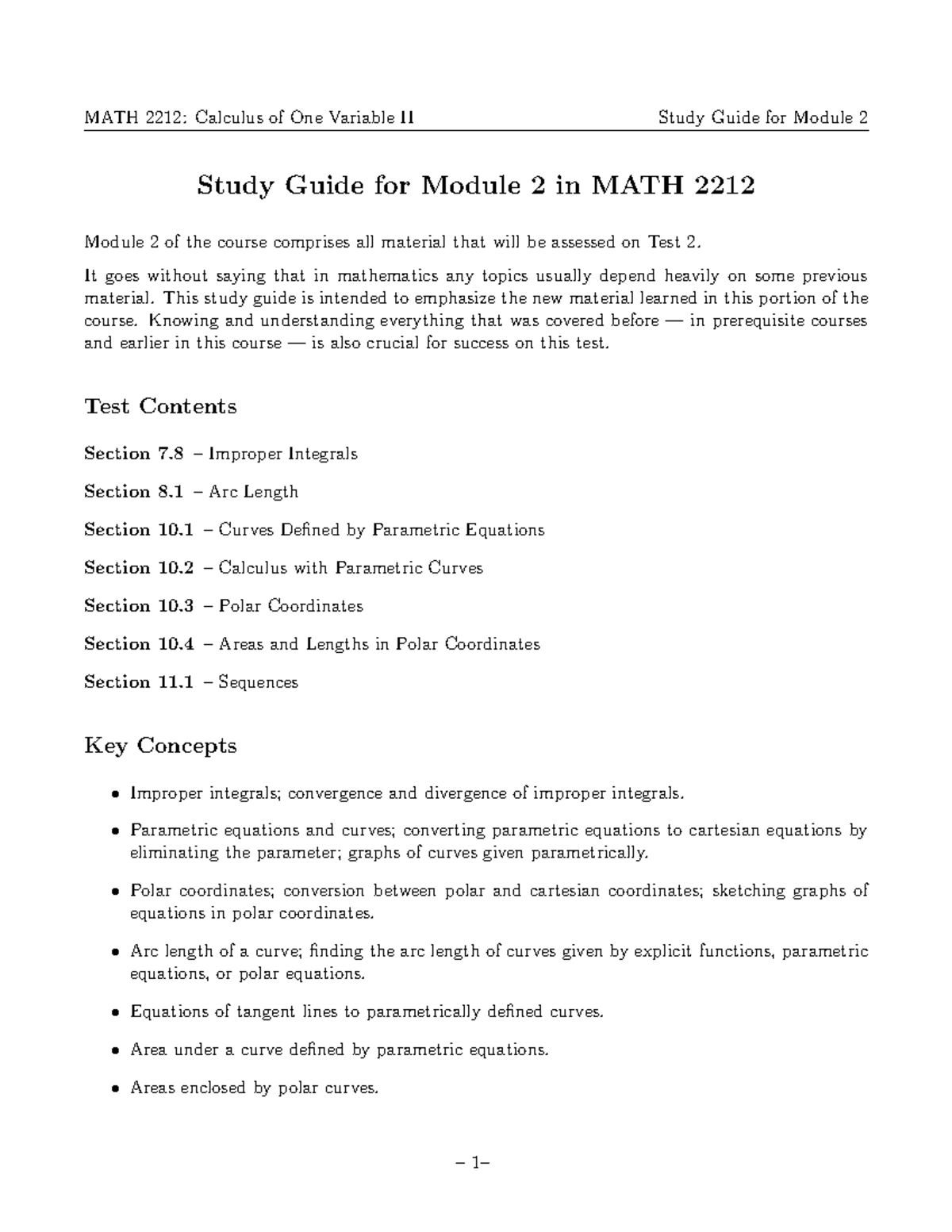 Study Guide (MATH-2212) - Module 2 - Study Guide for Module 2 in MATH 2212 Module 2 of the ...