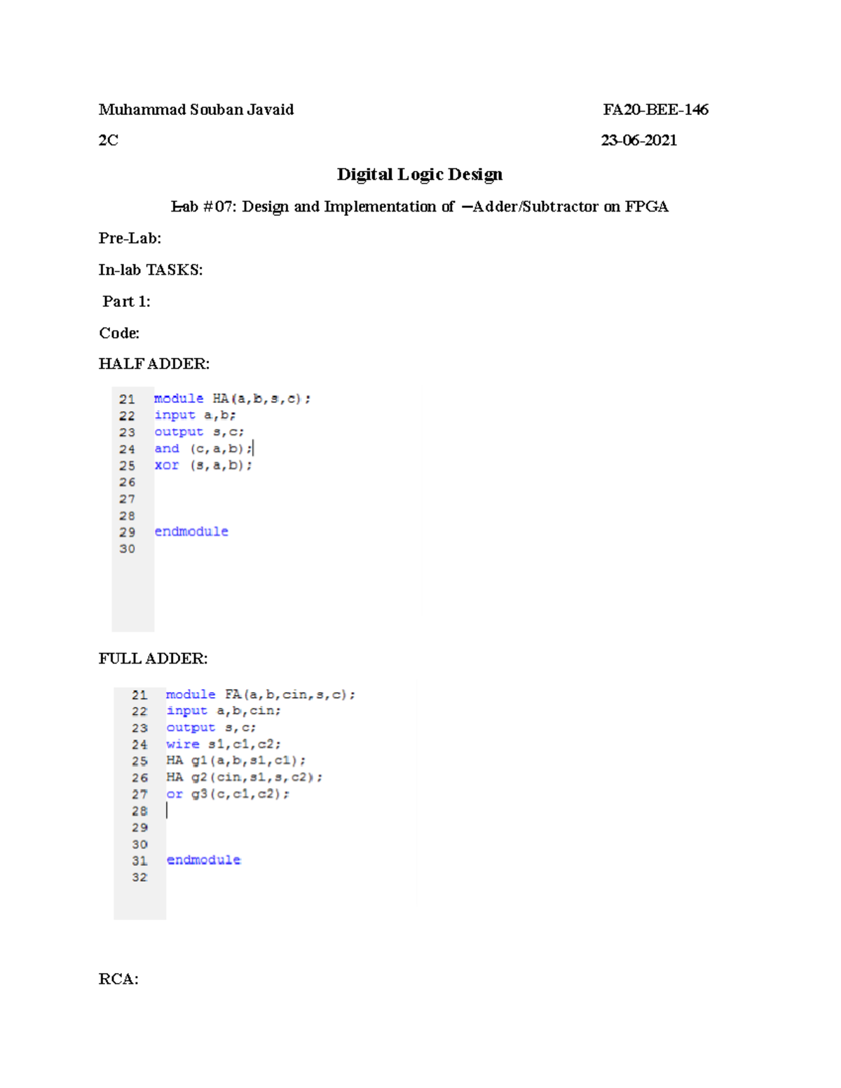 EEE241, DLD Lab #07, FA20-BEE-2C-146 - Digital Logic Design - CUI - Studocu