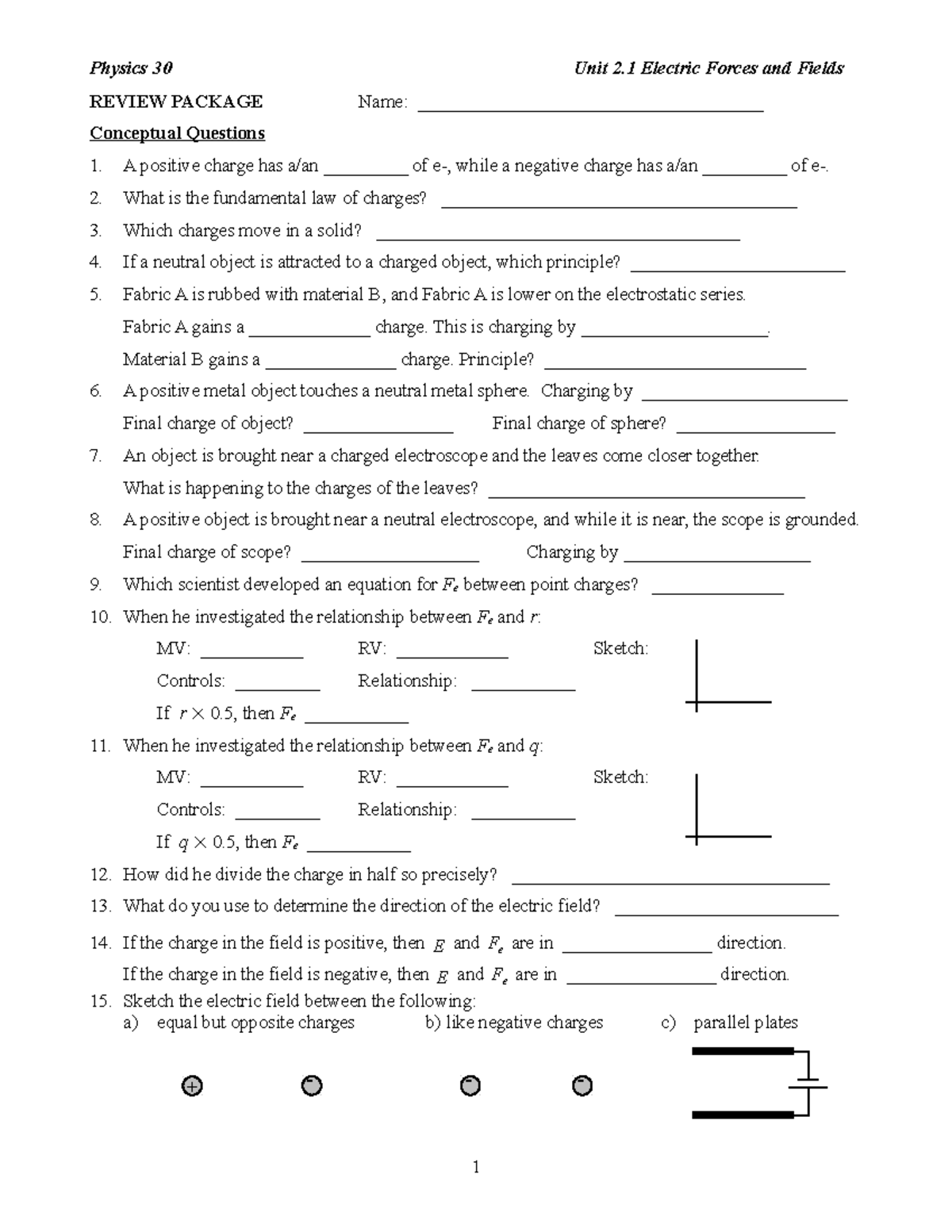 Unit 2 Unit Review Pkg - Physics forces and fields - REVIEW PACKAGE ...