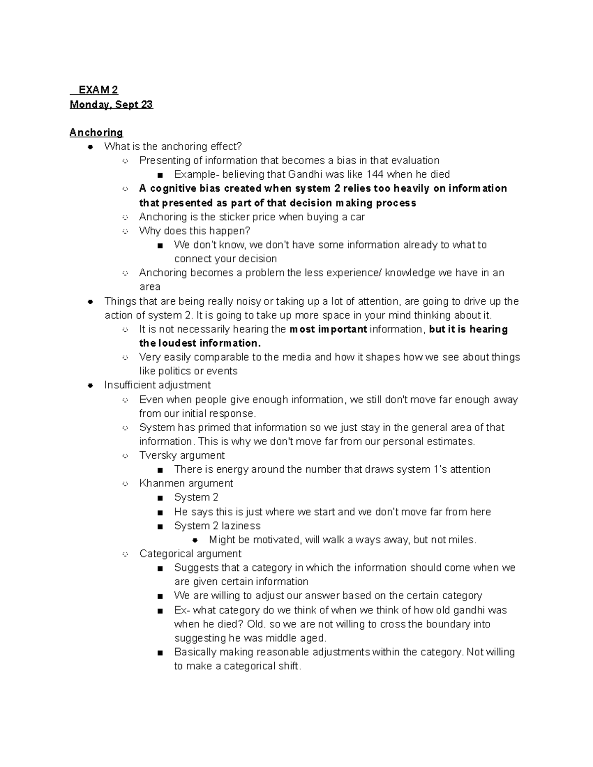 JDM notes - EXAM 2 Monday, Sept 23 Anchoring What is the anchoring ...