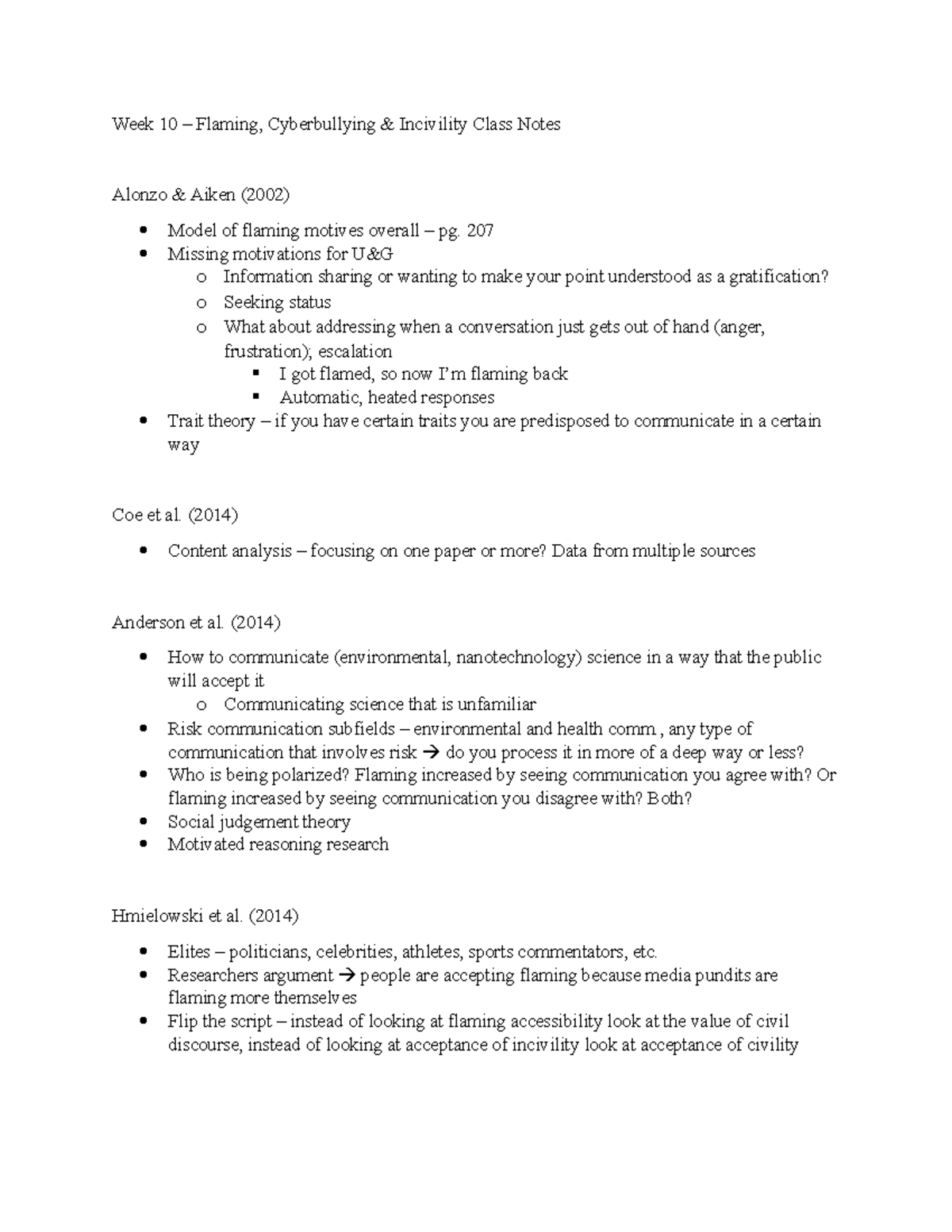 Class Notes Flaming, Cyberbullying & Incivility - Week 10 – Flaming ...