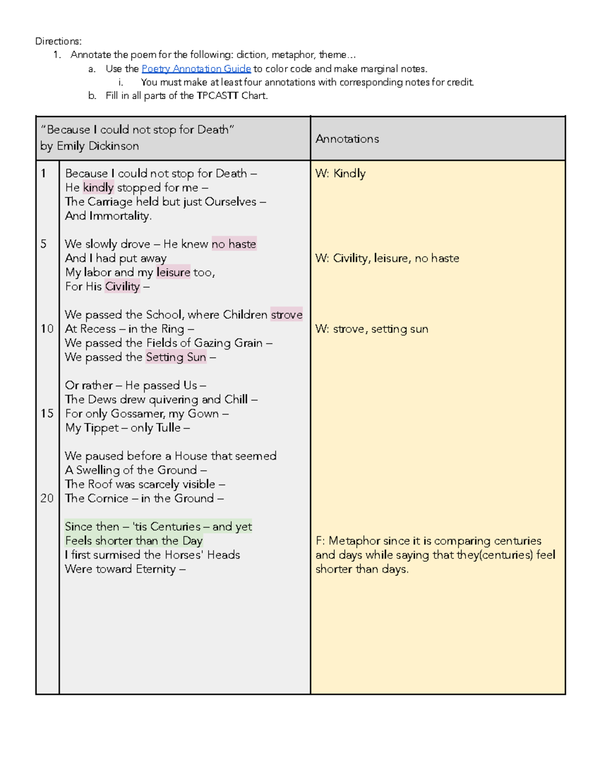 Because I could not stop for Death - Directions: 1. Annotate the poem ...