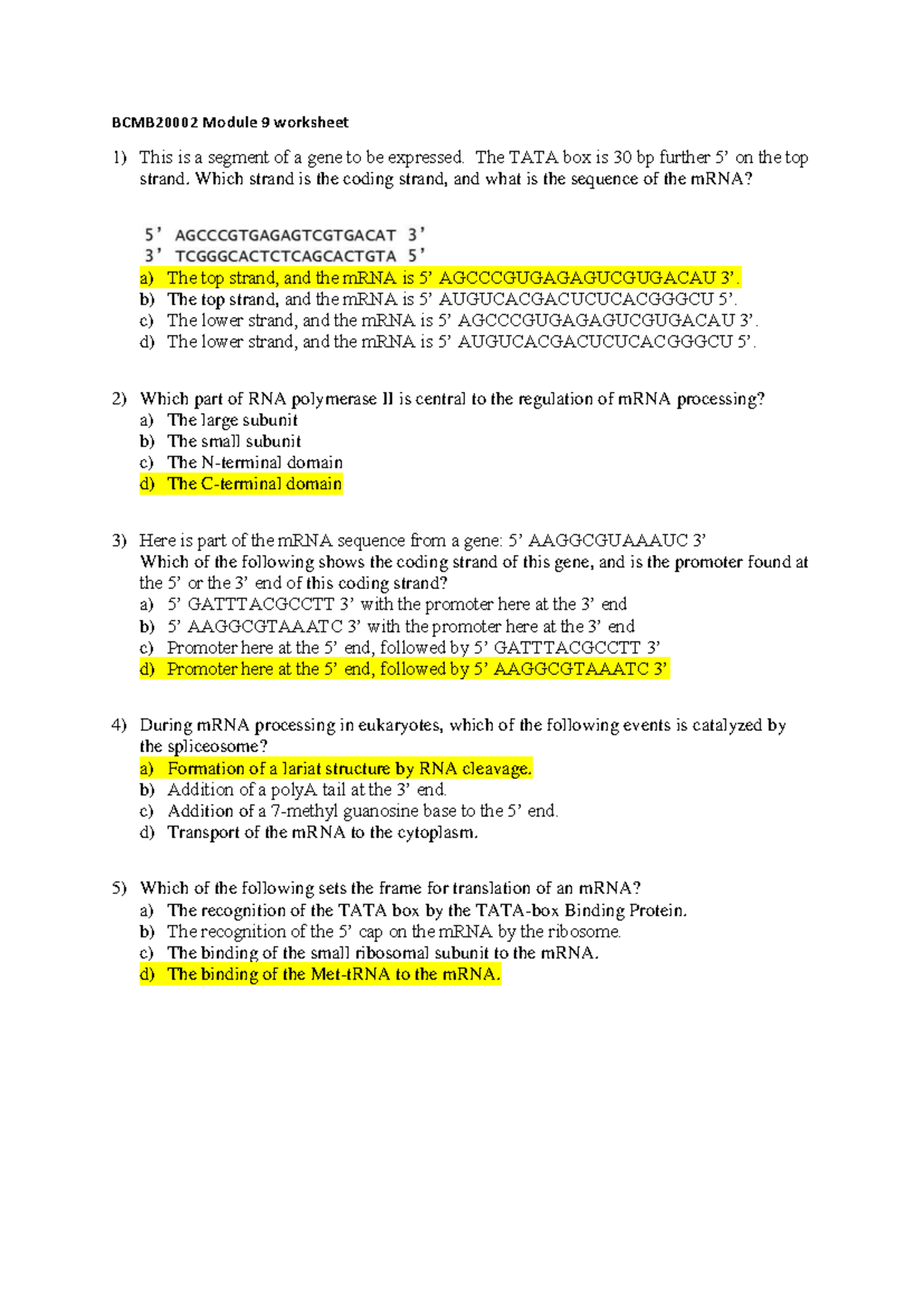 Worksheet Module 9 with answers - BCMB20002 Module 9 worksheet This is ...