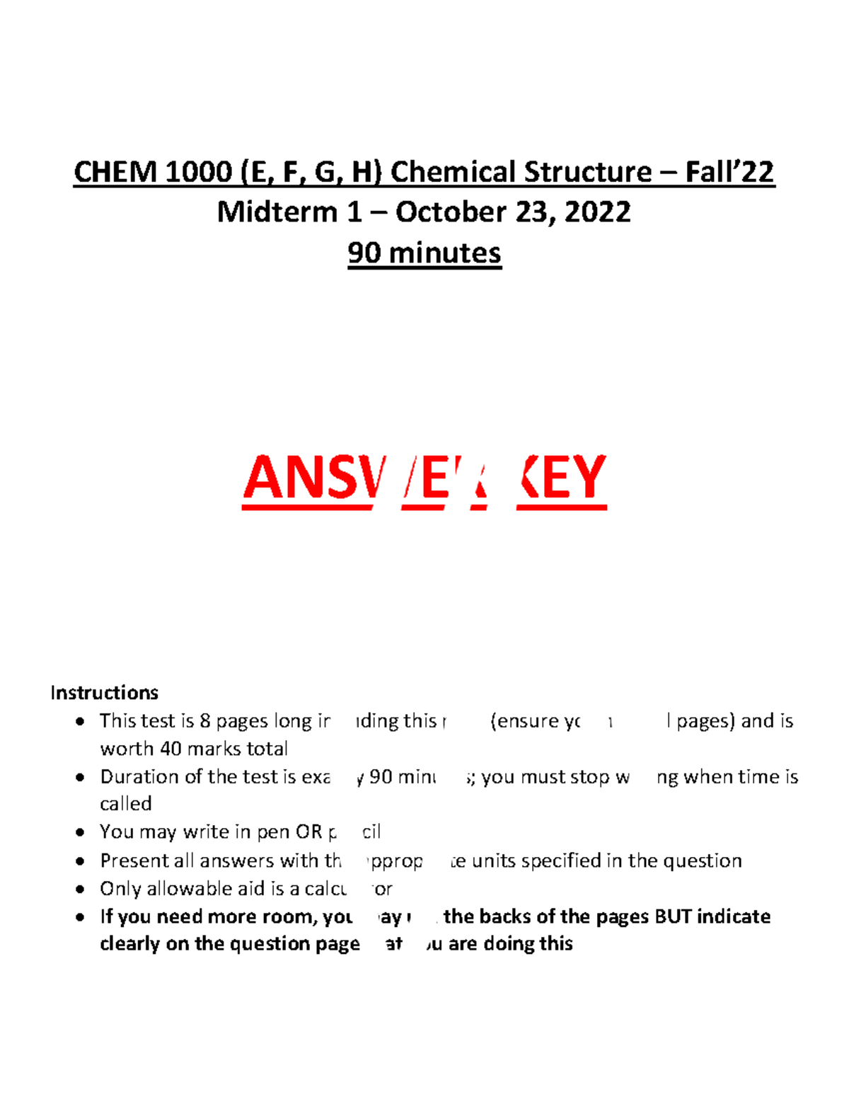 Midterm 1 - practice - CHEM 1000 (E, F, G, H) Chemical Structure – Fall ...
