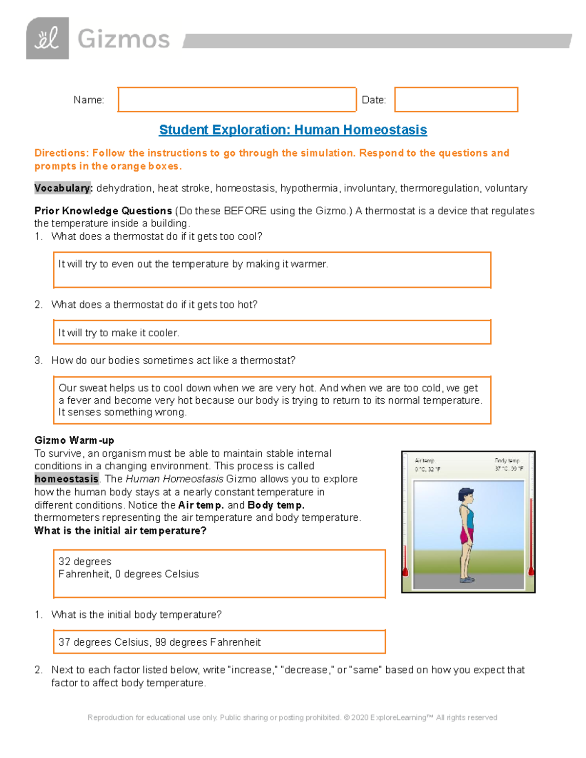 Human Homeostasis Gizmo - Name: Date: Student Exploration: Human ...