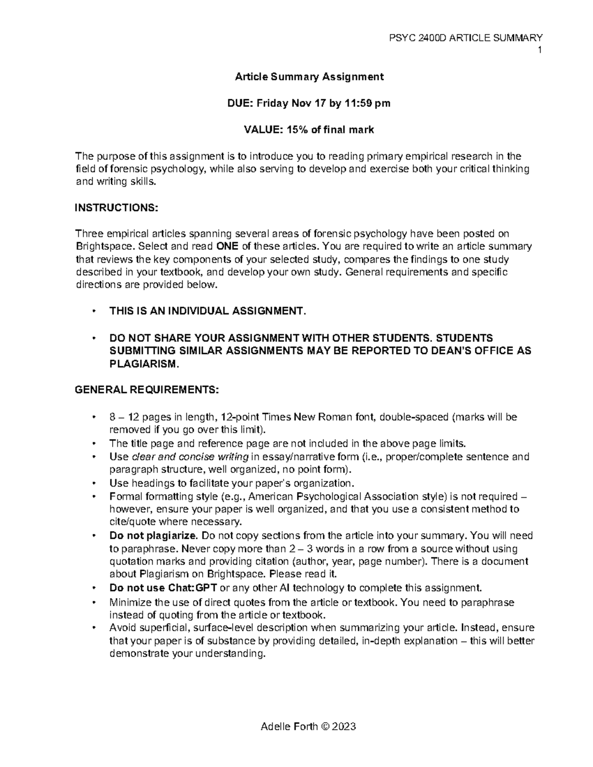 Article Summary Assignment FALL 2023 (PDF) - 1 Article Summary ...