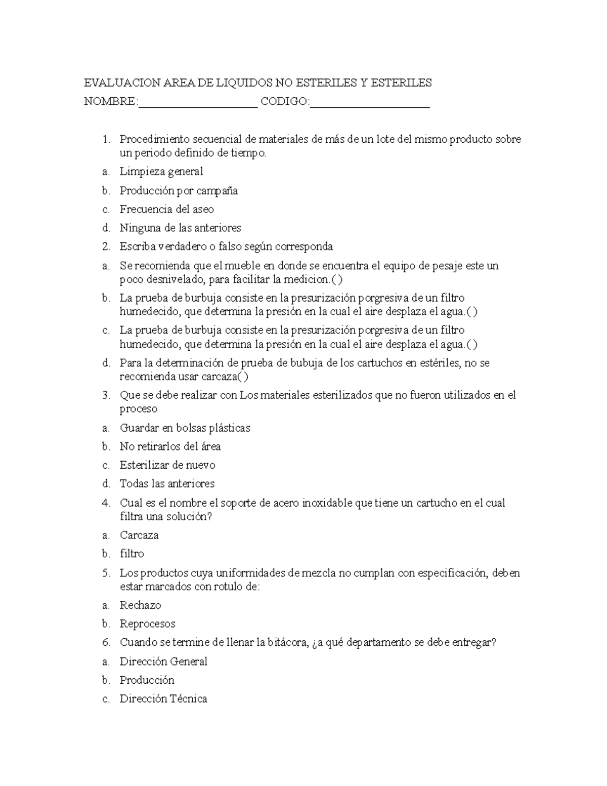 Evaluacion AREA DE Liquidos NO Esteriles Y Esteriles - EVALUACION AREA DE LIQUIDOS NO ESTERILES ...