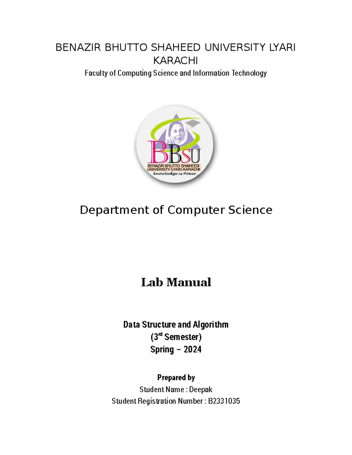 Data Structure Algorthim lab 04 - BENAZIR BHUTTO SHAHEED UNIVERSITY ...