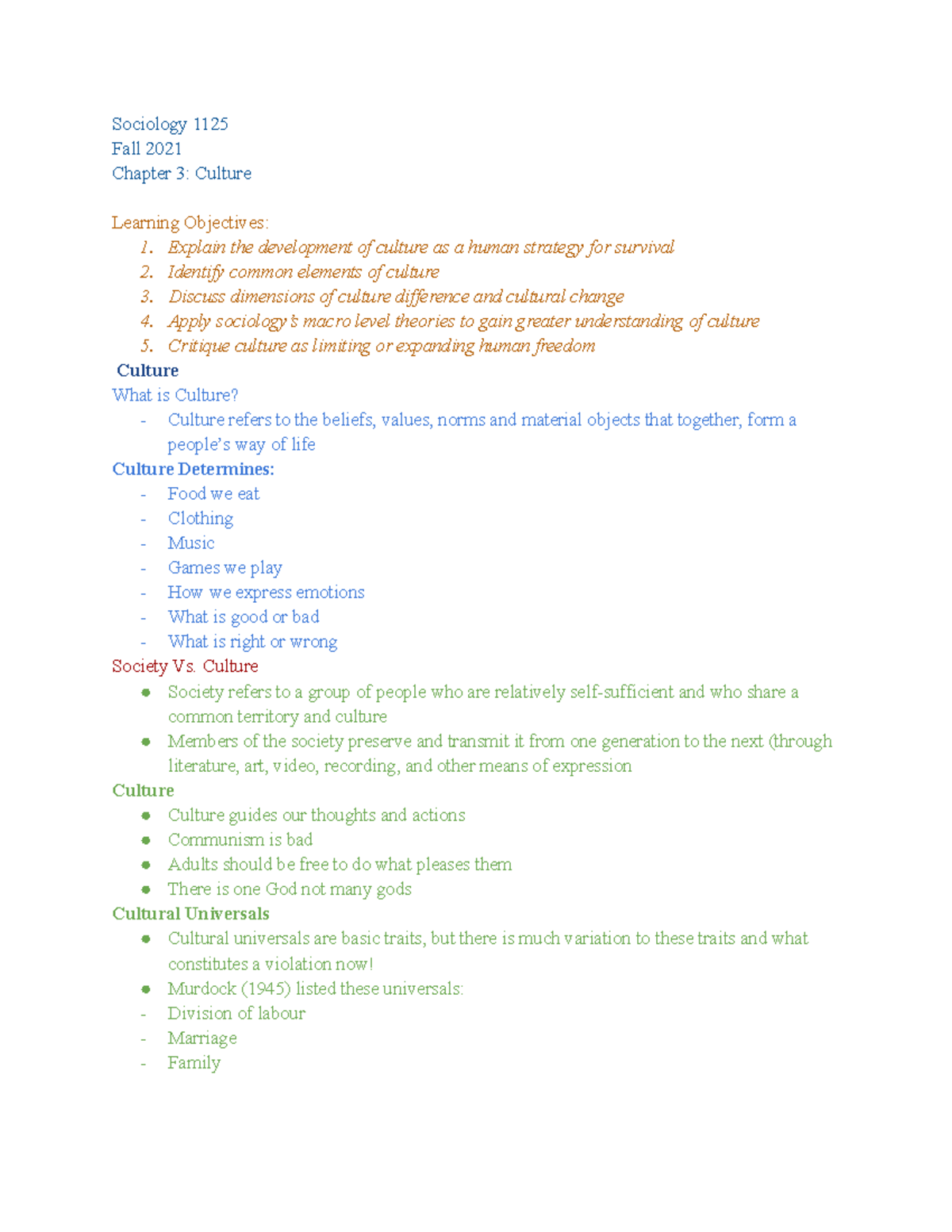 Sociology 1125 Chapter 3 Culture - Sociology 1125 Fall 2021 Chapter 3 ...