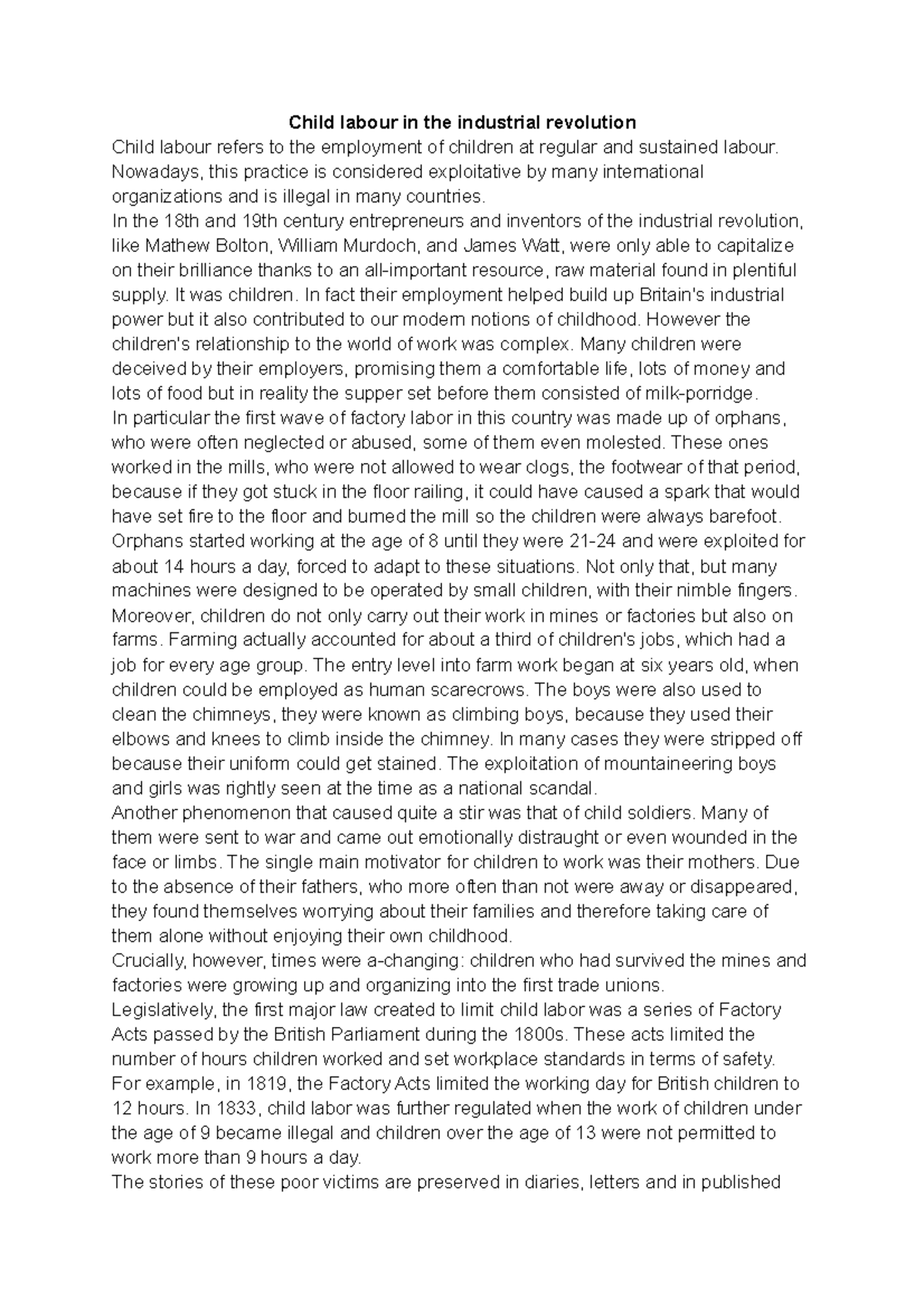 Child labour in the industrial revolution - Nowadays, this practice is ...