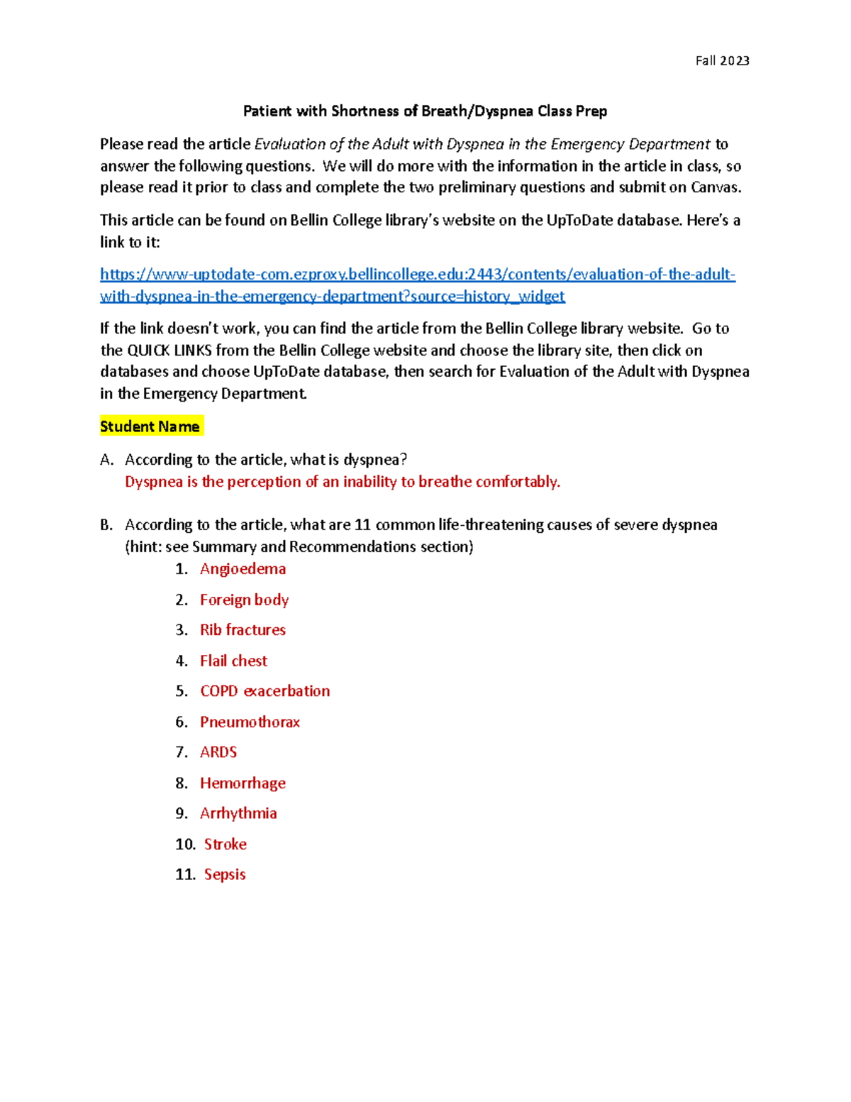 Student Prep for Dyspnea Class 2023 - Fall 2023 Patient with Shortness ...