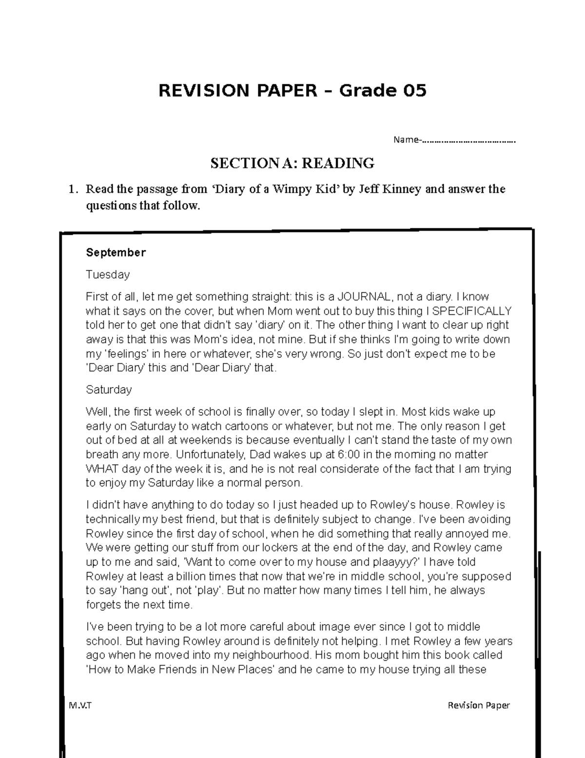 Revision Paper Grade 5 - REVISION PAPER – Grade 05 Name