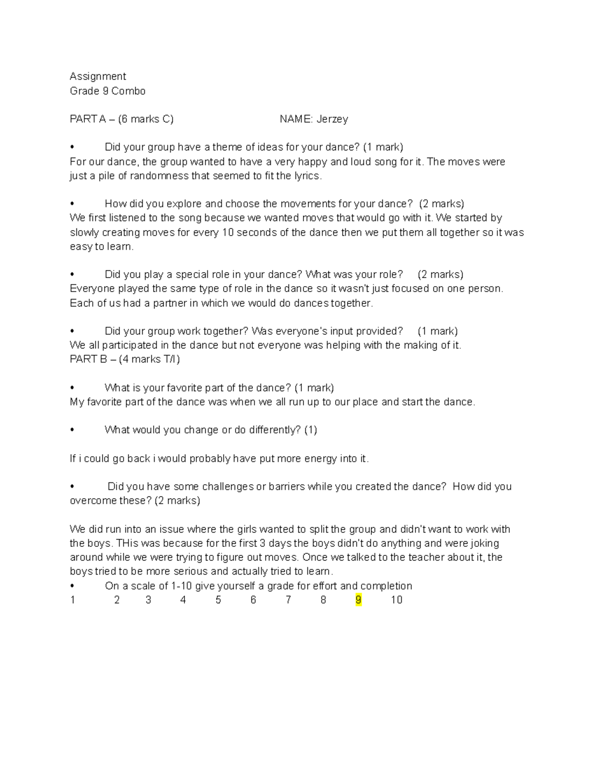 Dancing assignment - rbrtfbtrtf - Assignment Grade 9 Combo PART A – (6 ...