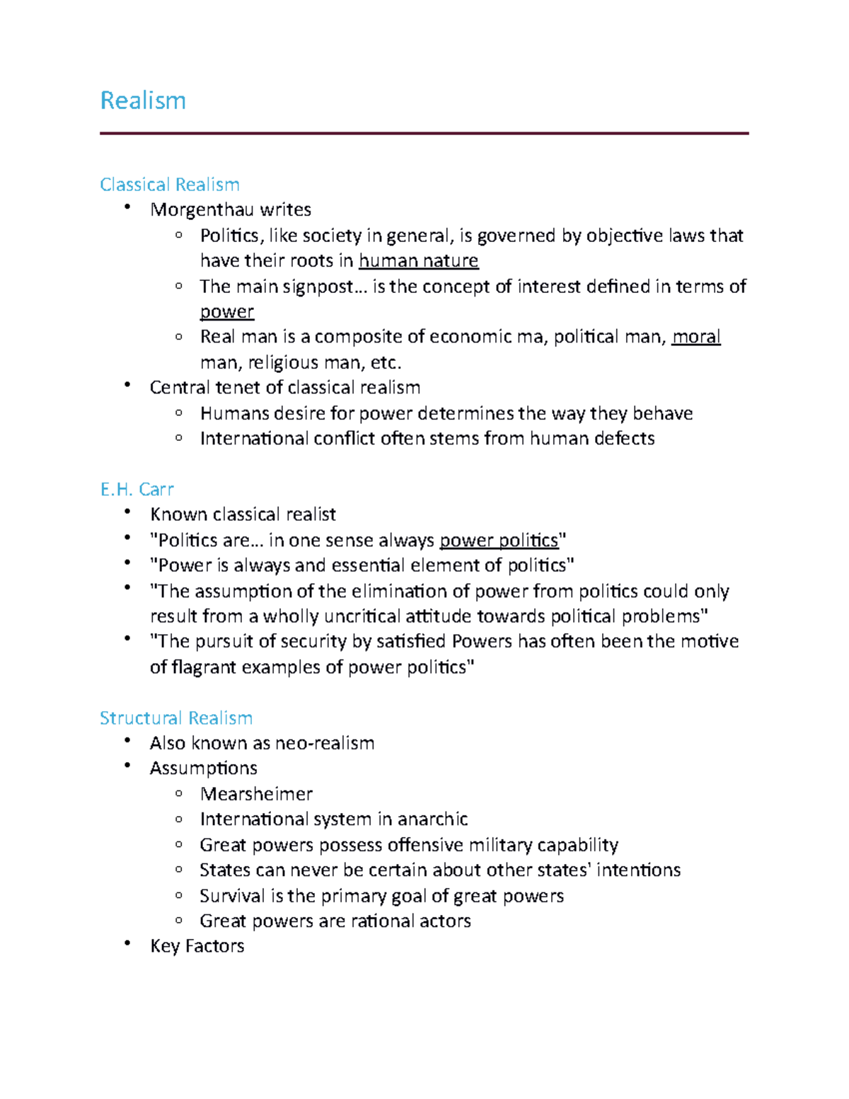 Intro to International Politics- Realism - Realism Classical Realism ...