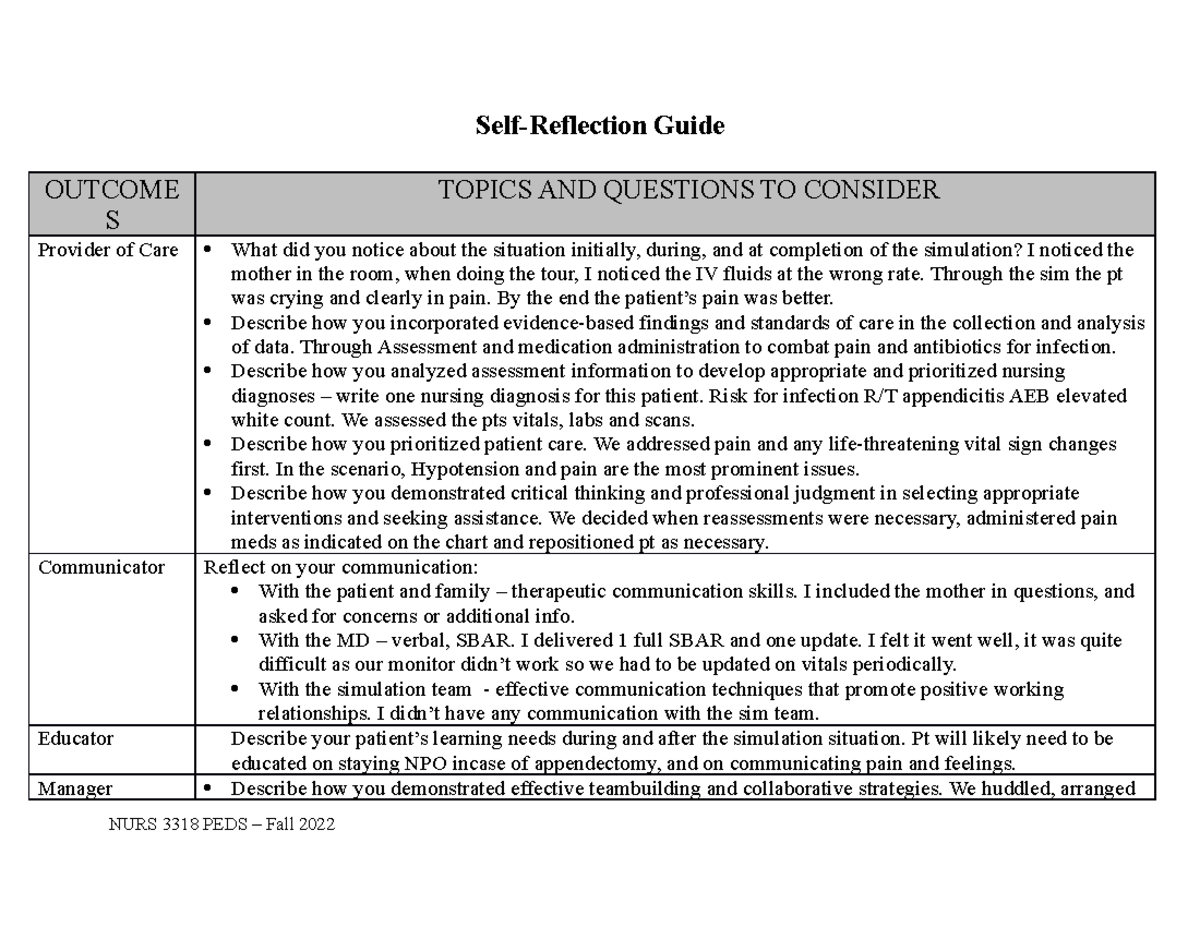 Peds Simulation Reflection Guide 2 1 1 Self Reflection Guide Outcome