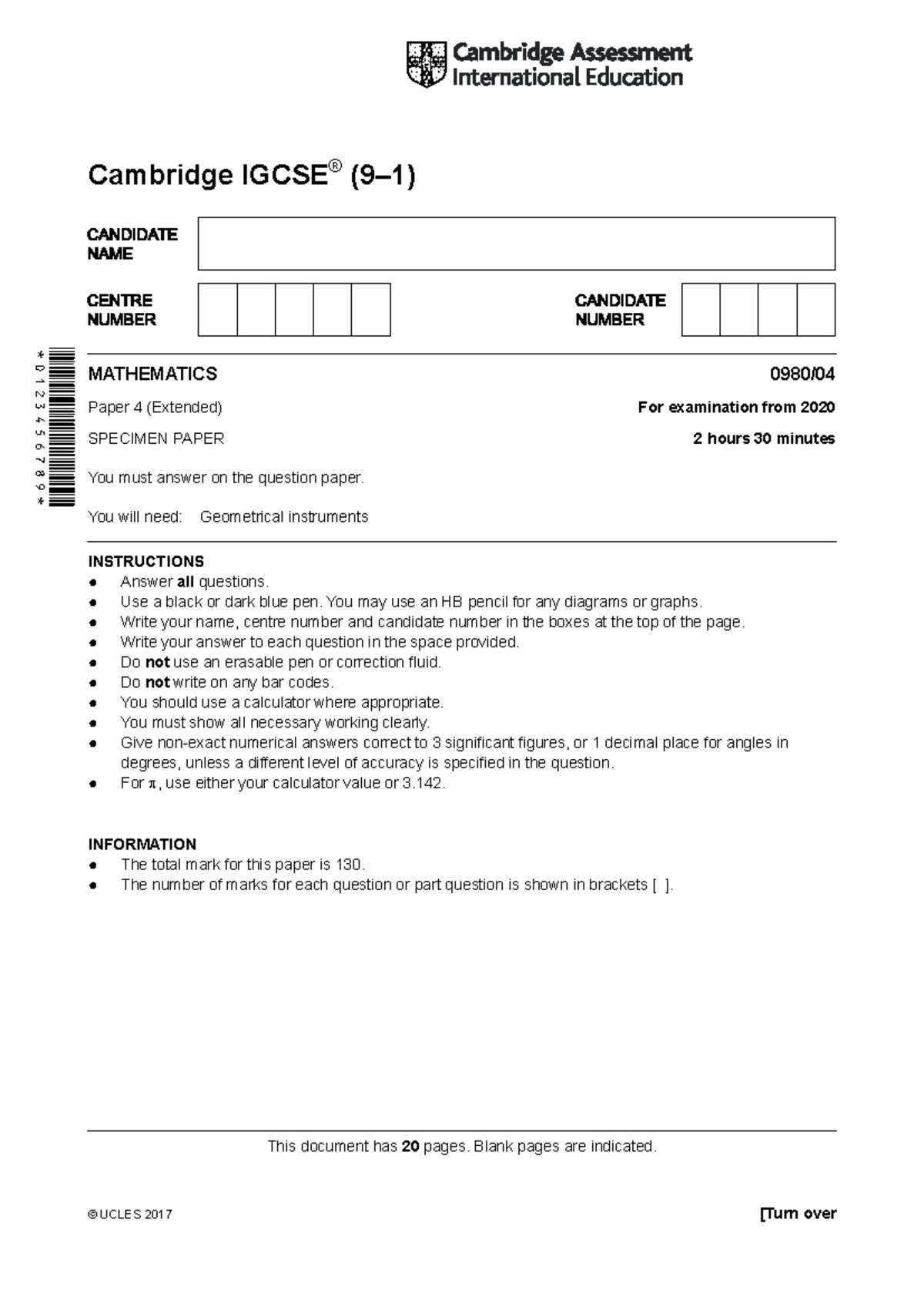 416257 2020 specimen paper 4 - Cambridge IGCSE ® (9–1) MATHEMATICS 0980 ...