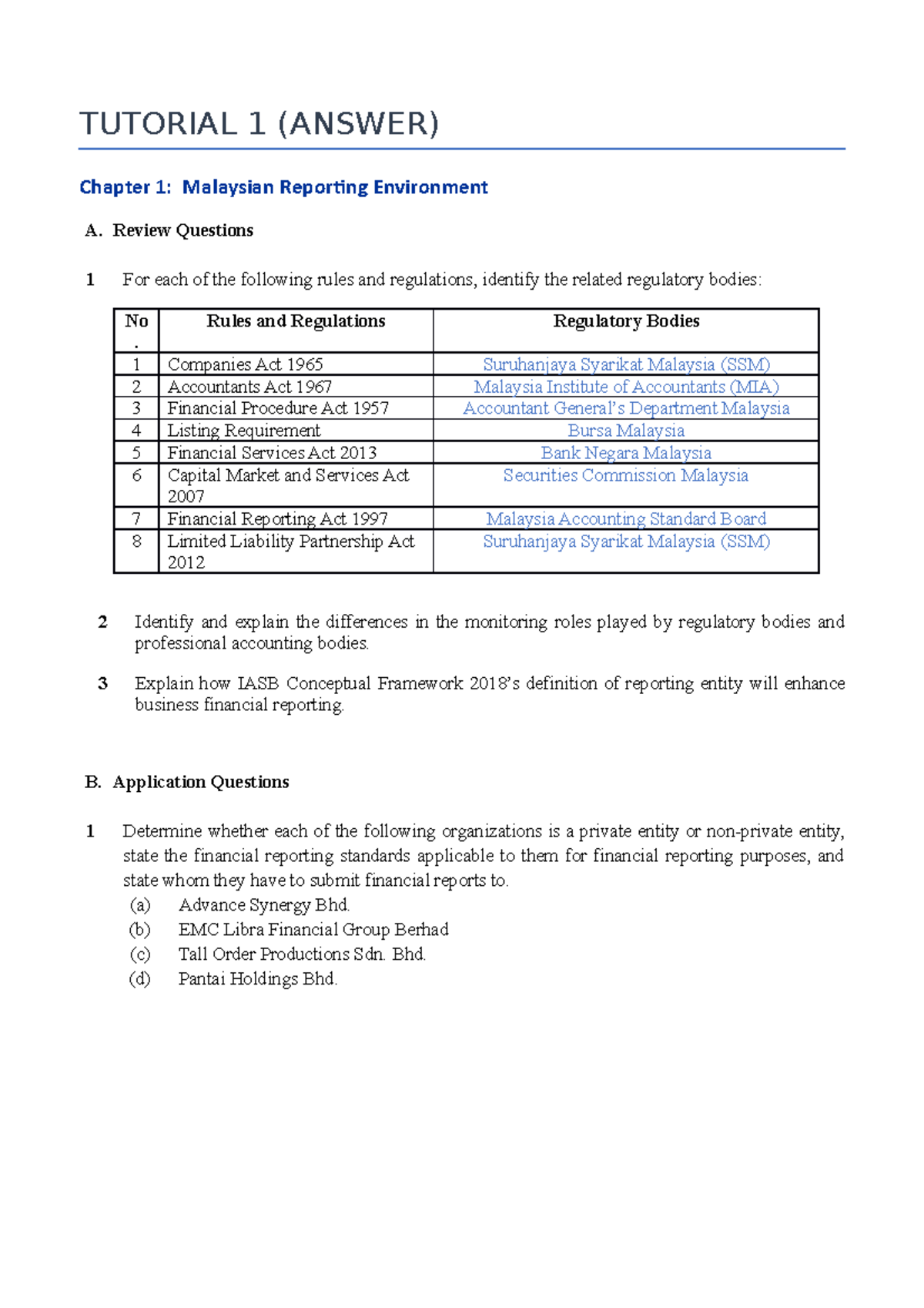 Tutorial 1(answer) - EXERCISE - TUTORIAL 1 (ANSWER) Chapter 1 ...