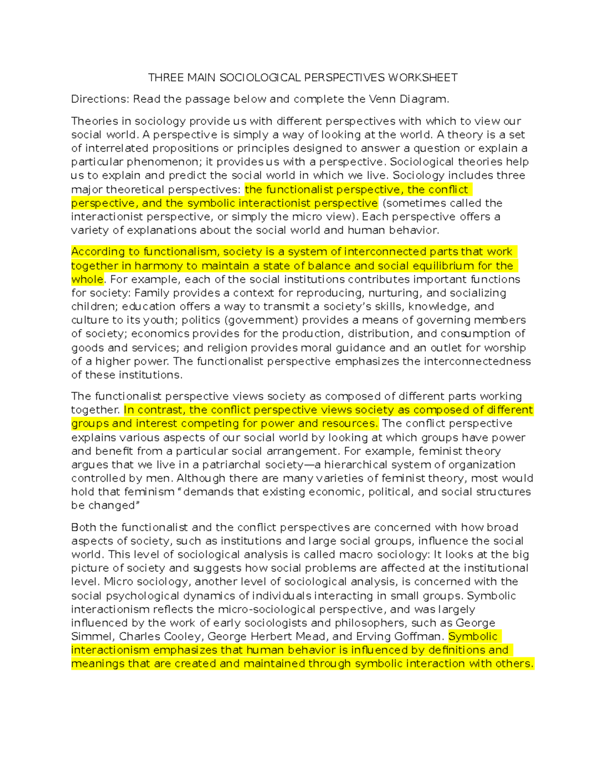 Three MAIN Sociological Perspectives Worksheet - THREE MAIN SOCIOLOGICAL PERSPECTIVES WORKSHEET ...
