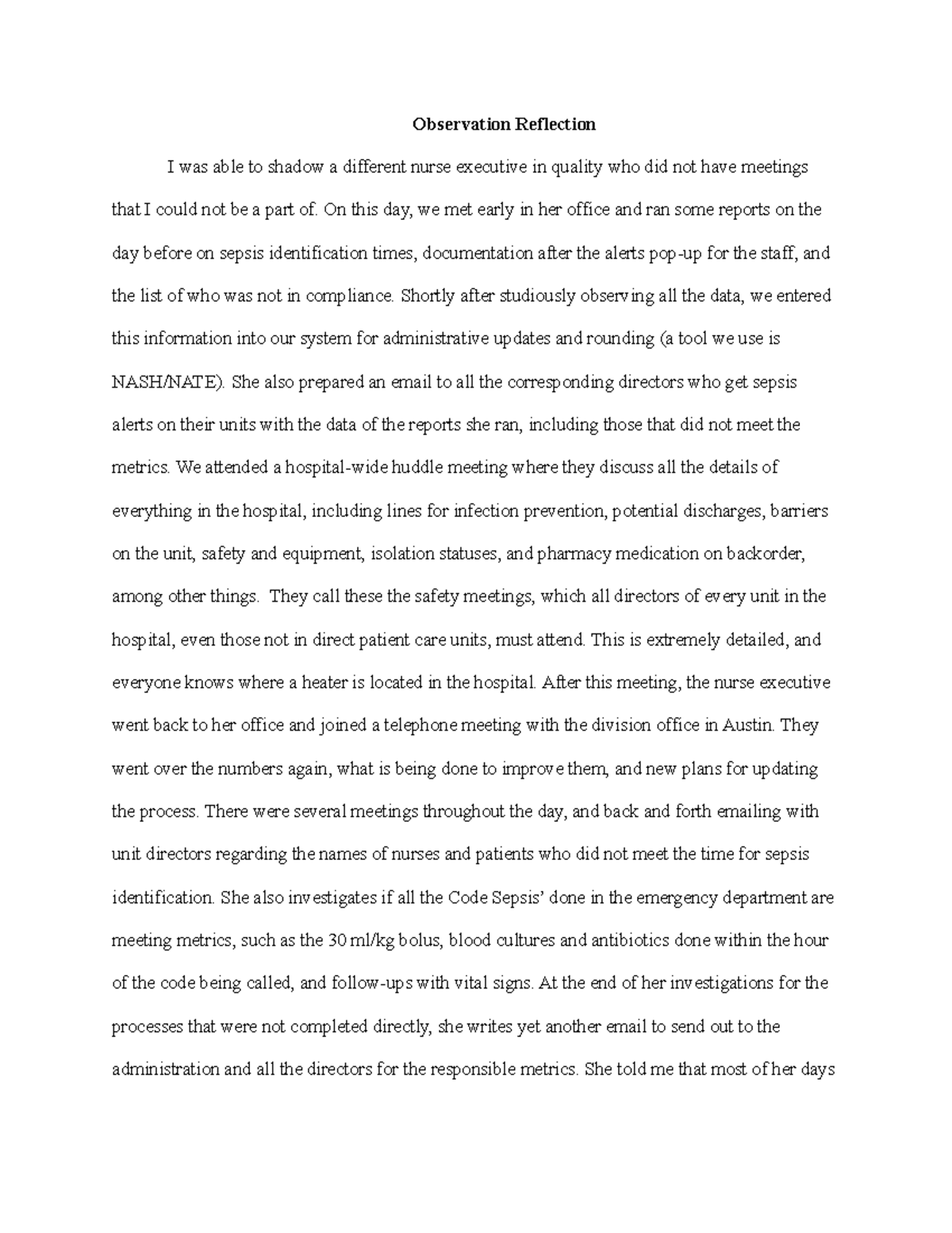 Observation Reflection - On this day, we met early in her office and ...