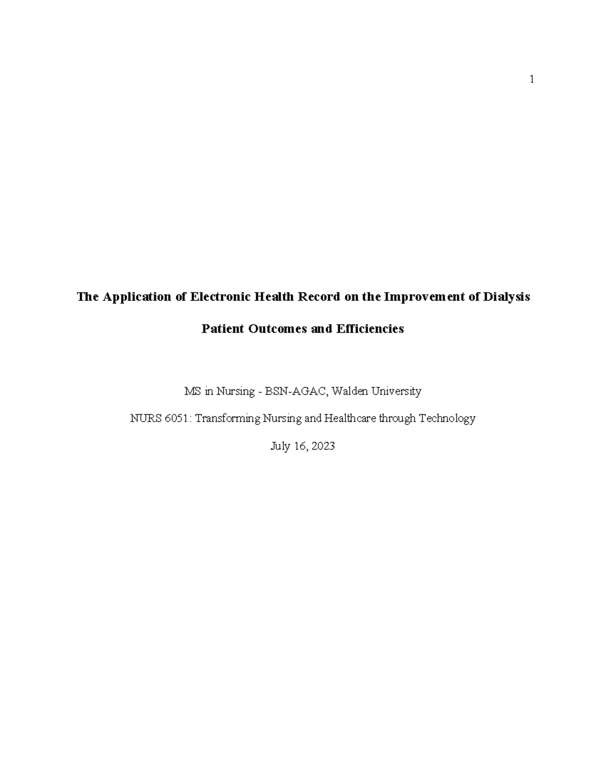 NURS 6051 Week 8 Assignment The Application of Electronic Health Record ...