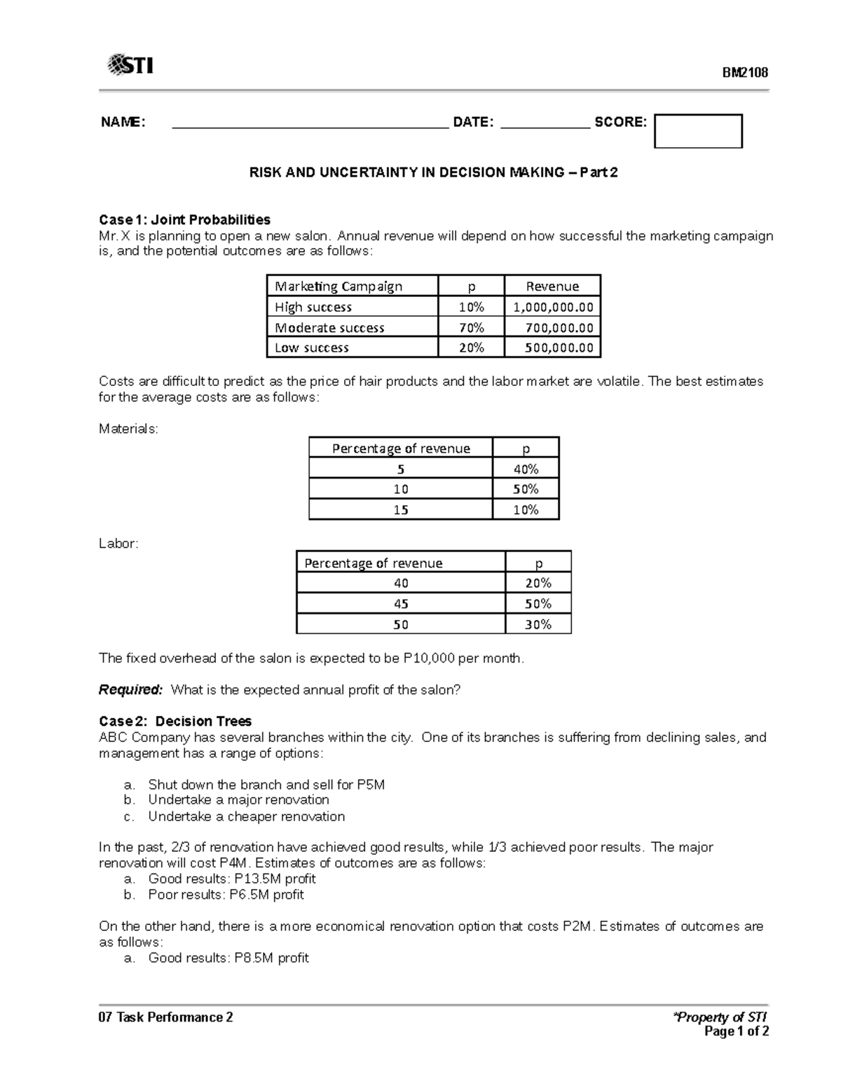 07 Task Performance 2 - sad - BM 07 Task Performance 2 *Property of STI Page 1 of 2 NAME: DATE ...