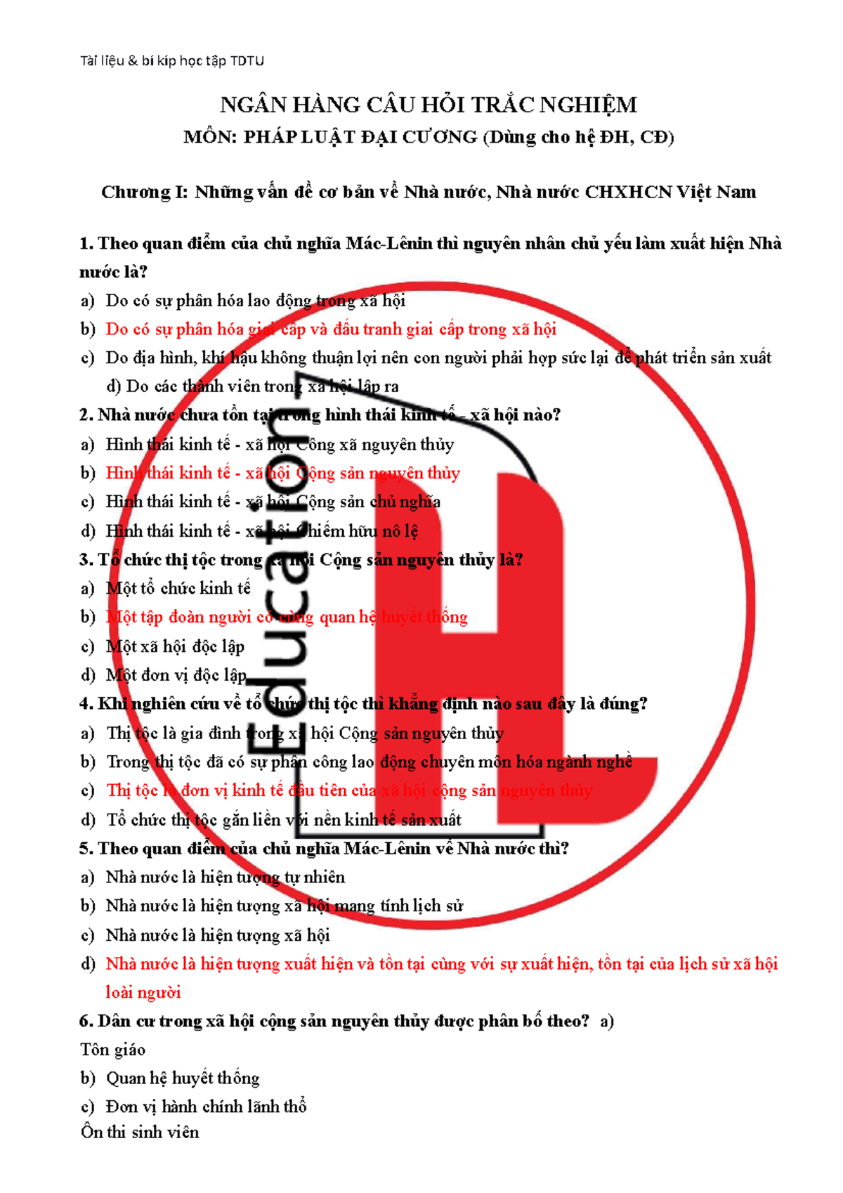 Ngan-hang-cau-hoi-PLDC.pdf - Tài li u & bí kíp h c t p TDTUệ ọ ậ NGÂN HÀNG CÂU HỎI TRẮC NGHIỆM ...