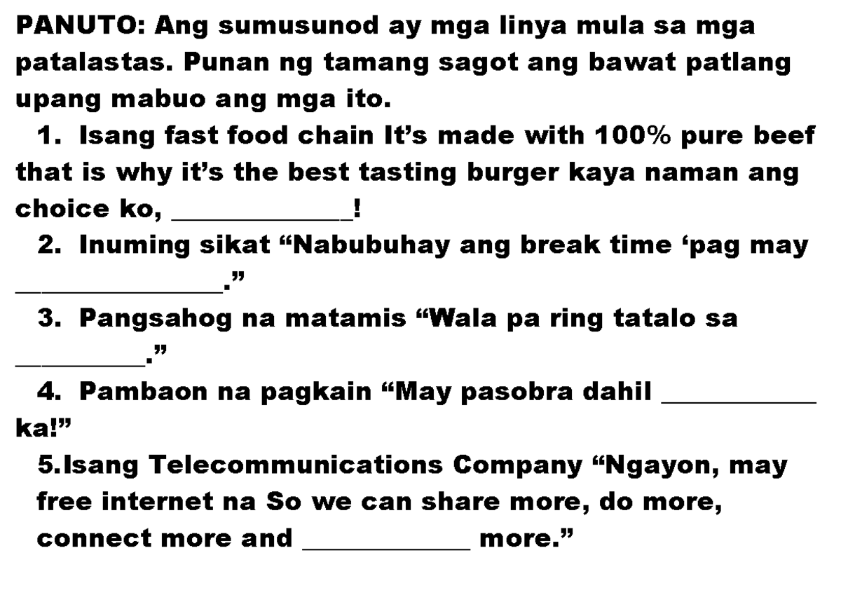 Tektong Persuasive - PANUTO: Ang sumusunod ay mga linya mula sa mga ...