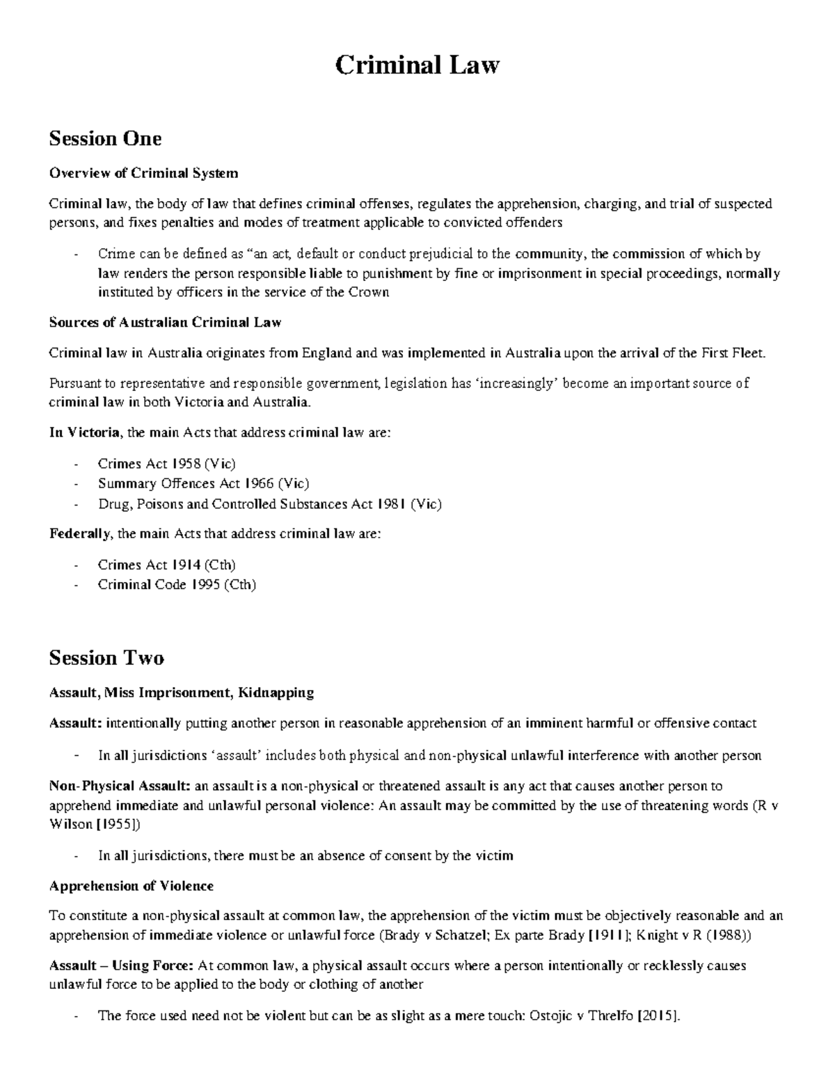Criminal Law Notes - Criminal Law Session One Overview of Criminal ...