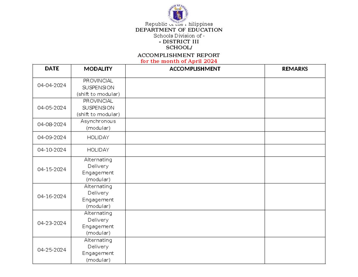 Accomplishment in school - Republic of the Philippines DEPARTMENT OF ...
