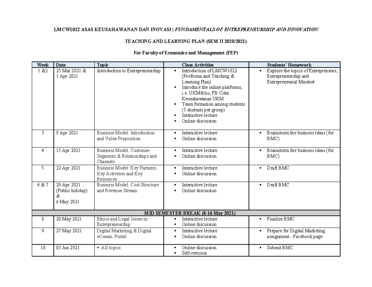[FOR FEP] Teaching AND Learning PLAN LMCW1022 ASAS Keusahawanan DAN ...