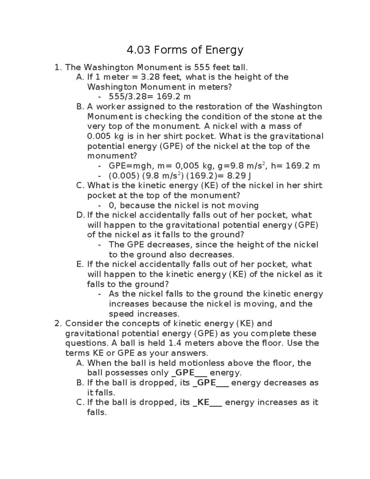 4.03 Forms of Energy - 4 Forms of Energy The Washington Monument is 555 ...