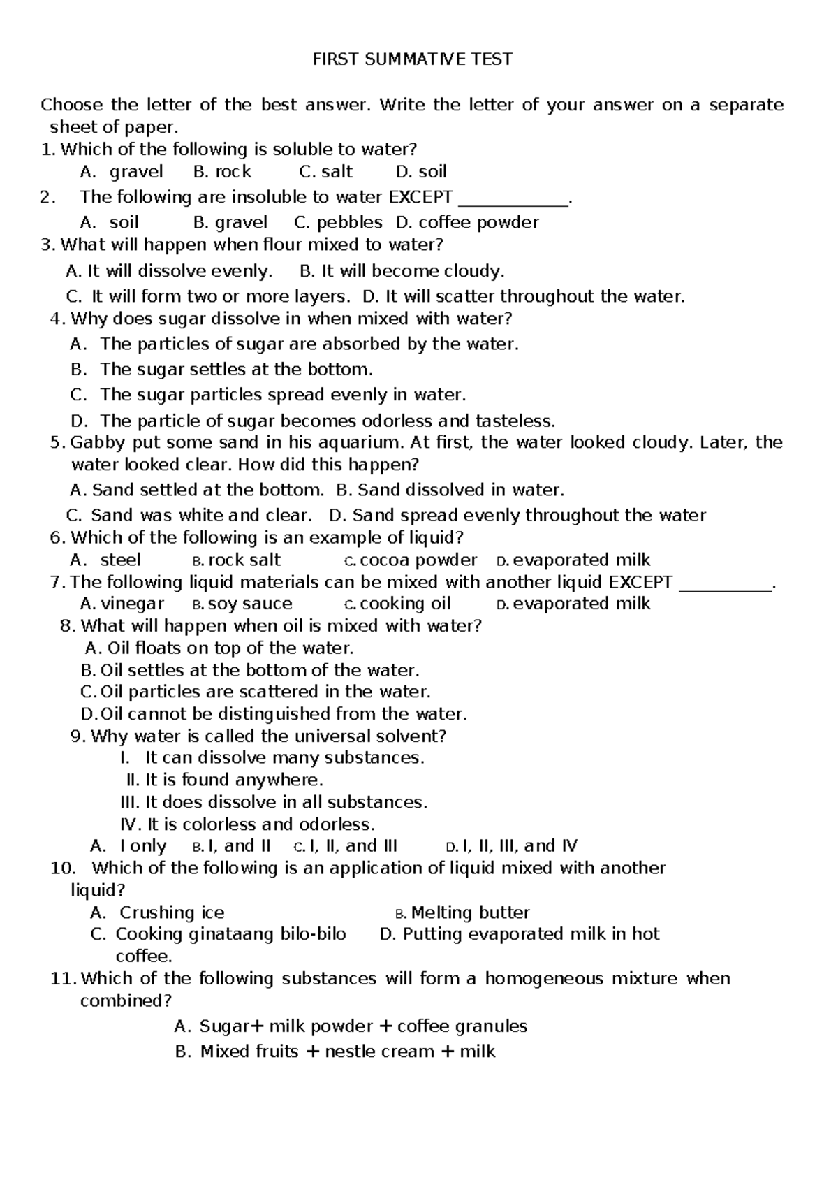 First Summative TEST Science - FIRST SUMMATIVE TEST Choose the letter ...