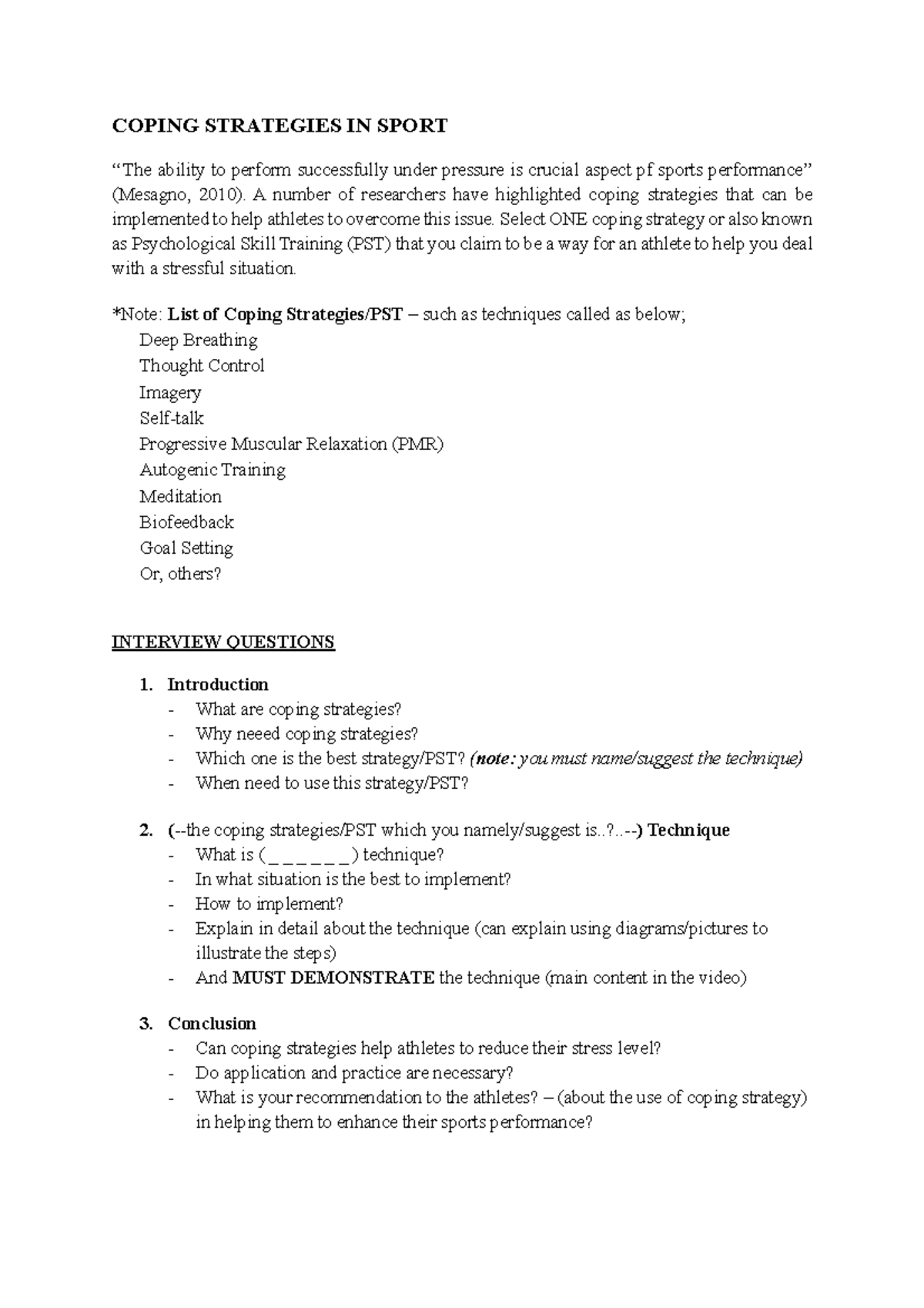 Interview Questions - COPING STRATEGIES IN SPORT ‘‘The ability to ...