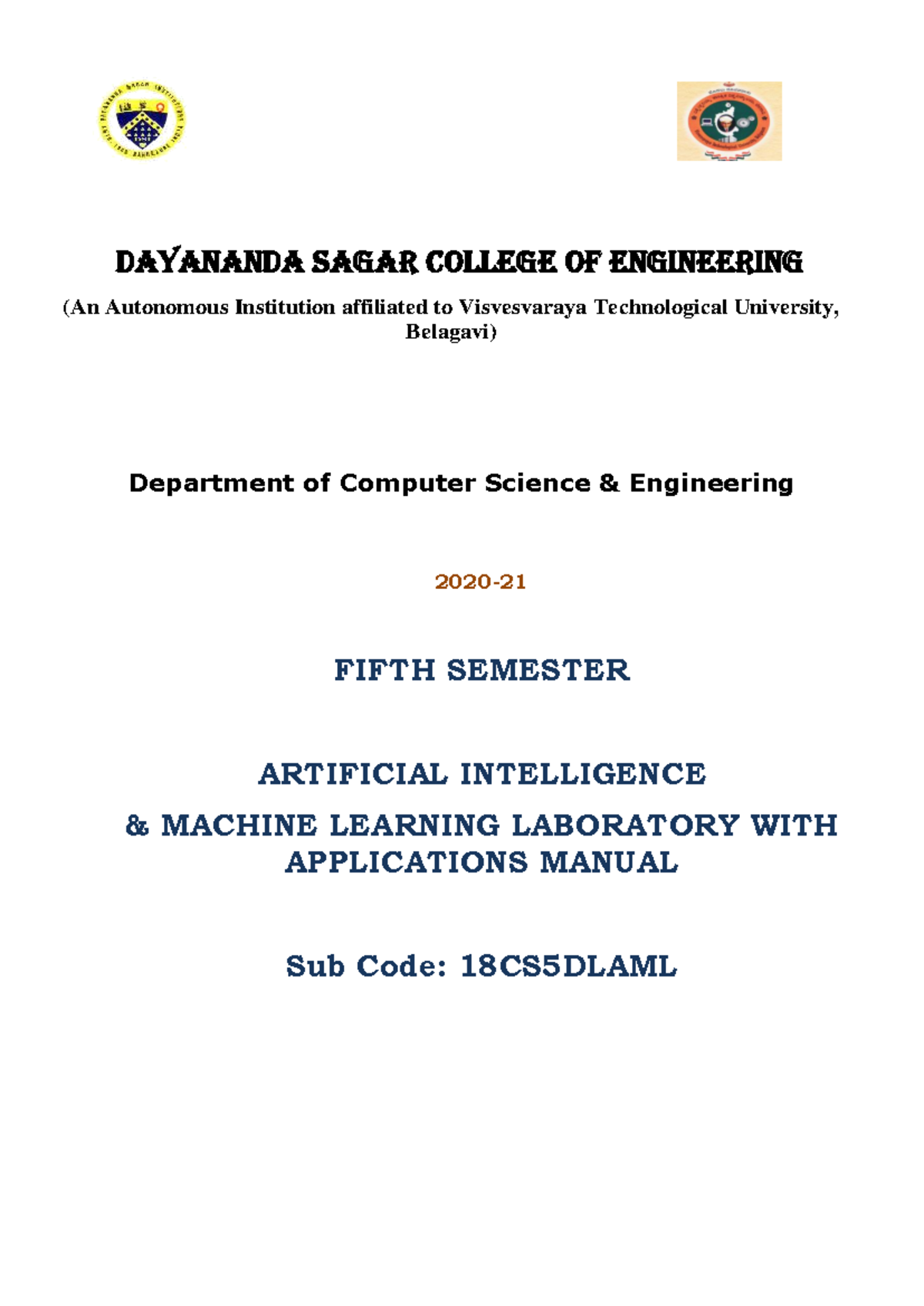 Ai Ml Lab Manual 2020 Dayananda Sagar College Of Engineering An Autonomous Institution 