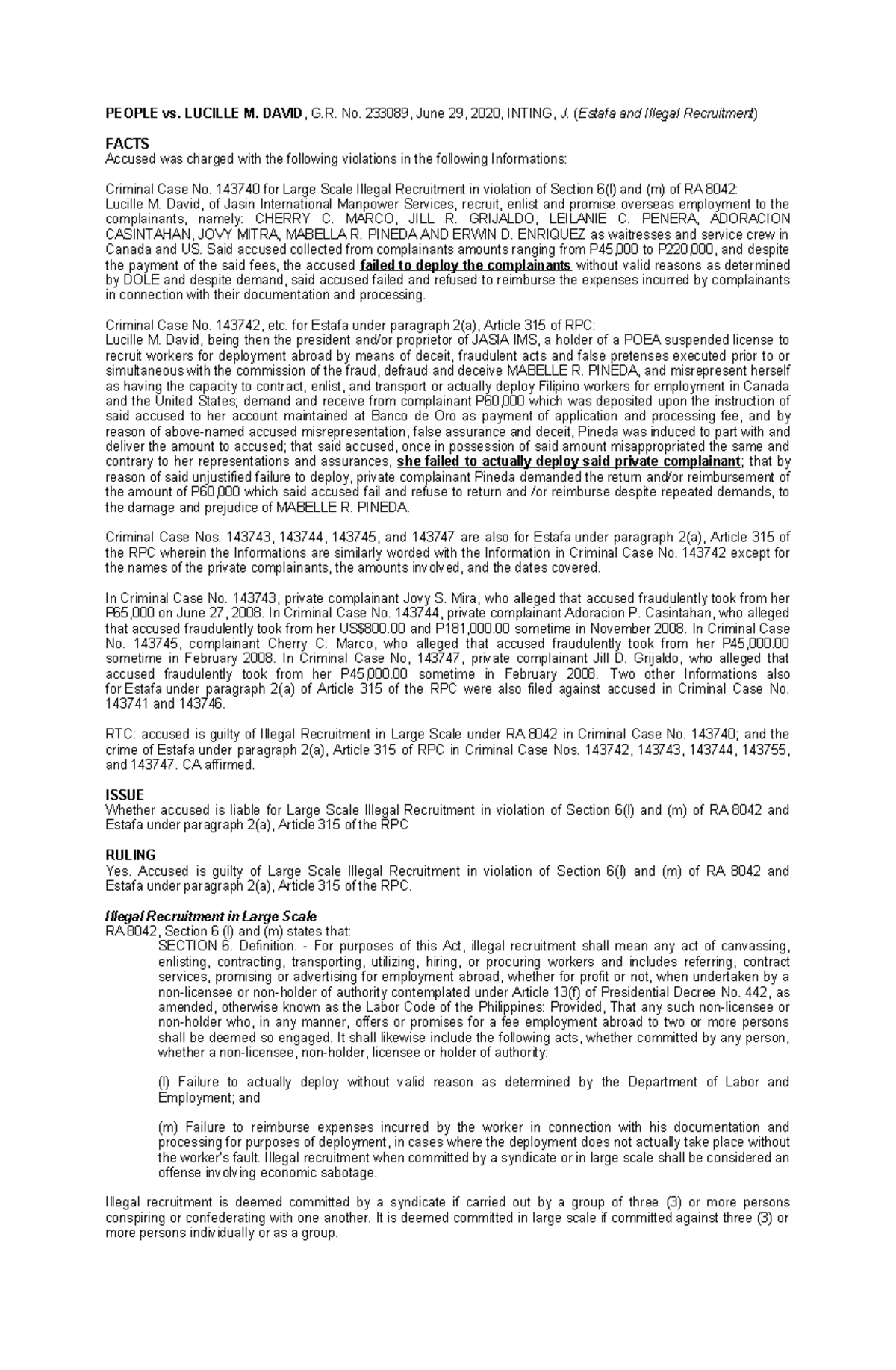 People vs David - PEOPLE vs. LUCILLE M. DAVID, G. No. 233089, June 29 ...