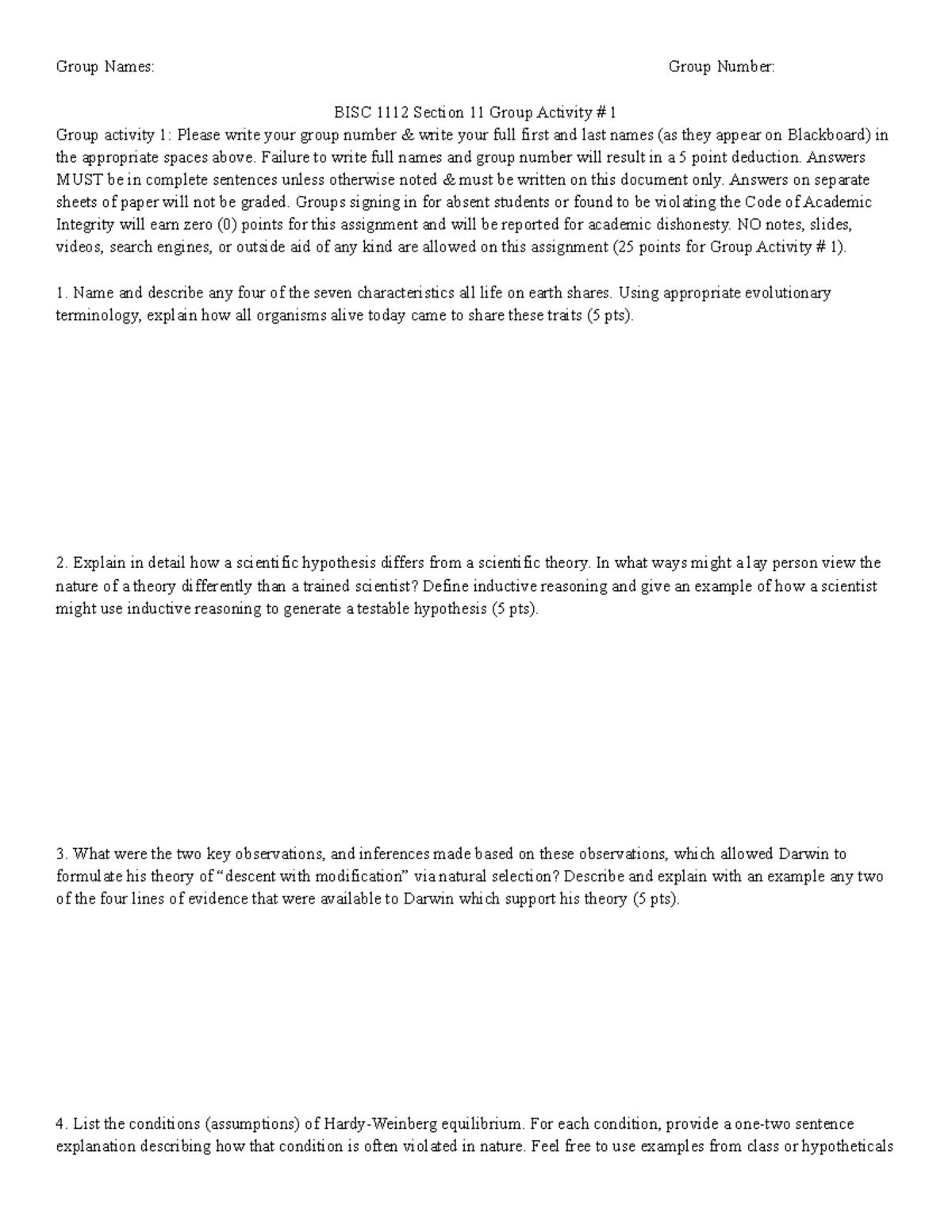 BISC1112 Group Activity 1 - Group Names: Group Number: BISC 1112 ...