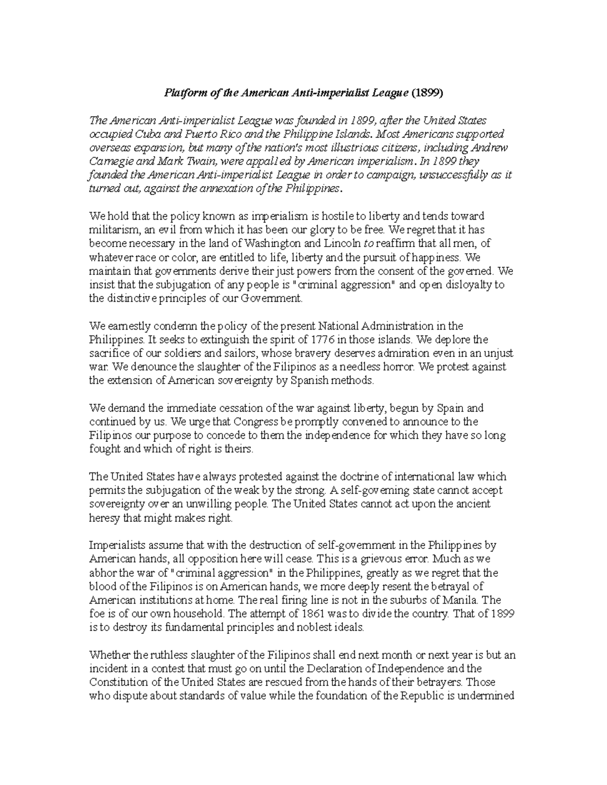 Platform Anti Imperialist League - Platform of the American Anti ...
