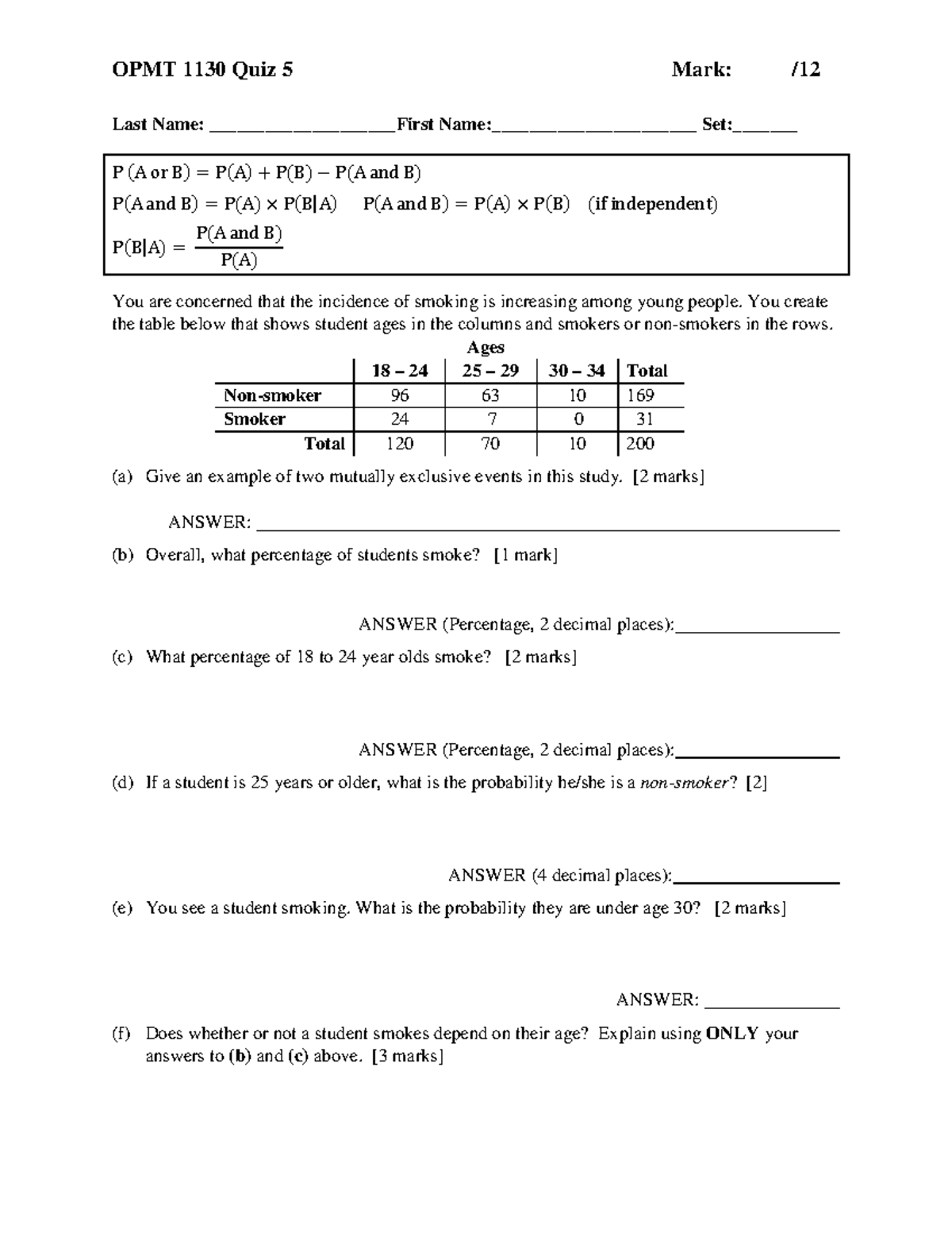 Quiz 5 v1 OPMT 1130 Business Statistics - OPMT 11 30 Quiz 5 Mark ...
