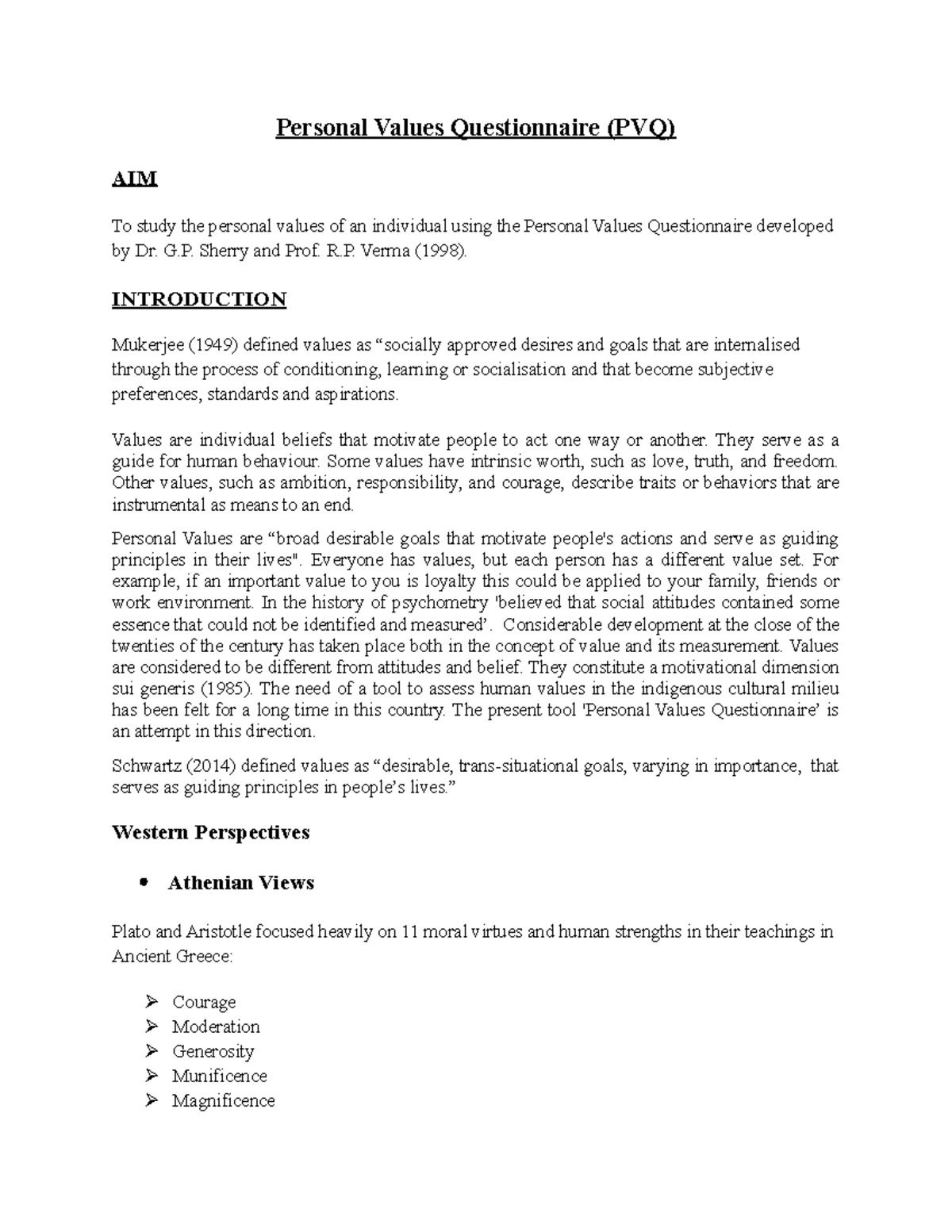 PVQ - personal value practical - Personal Values Questionnaire (PVQ ...