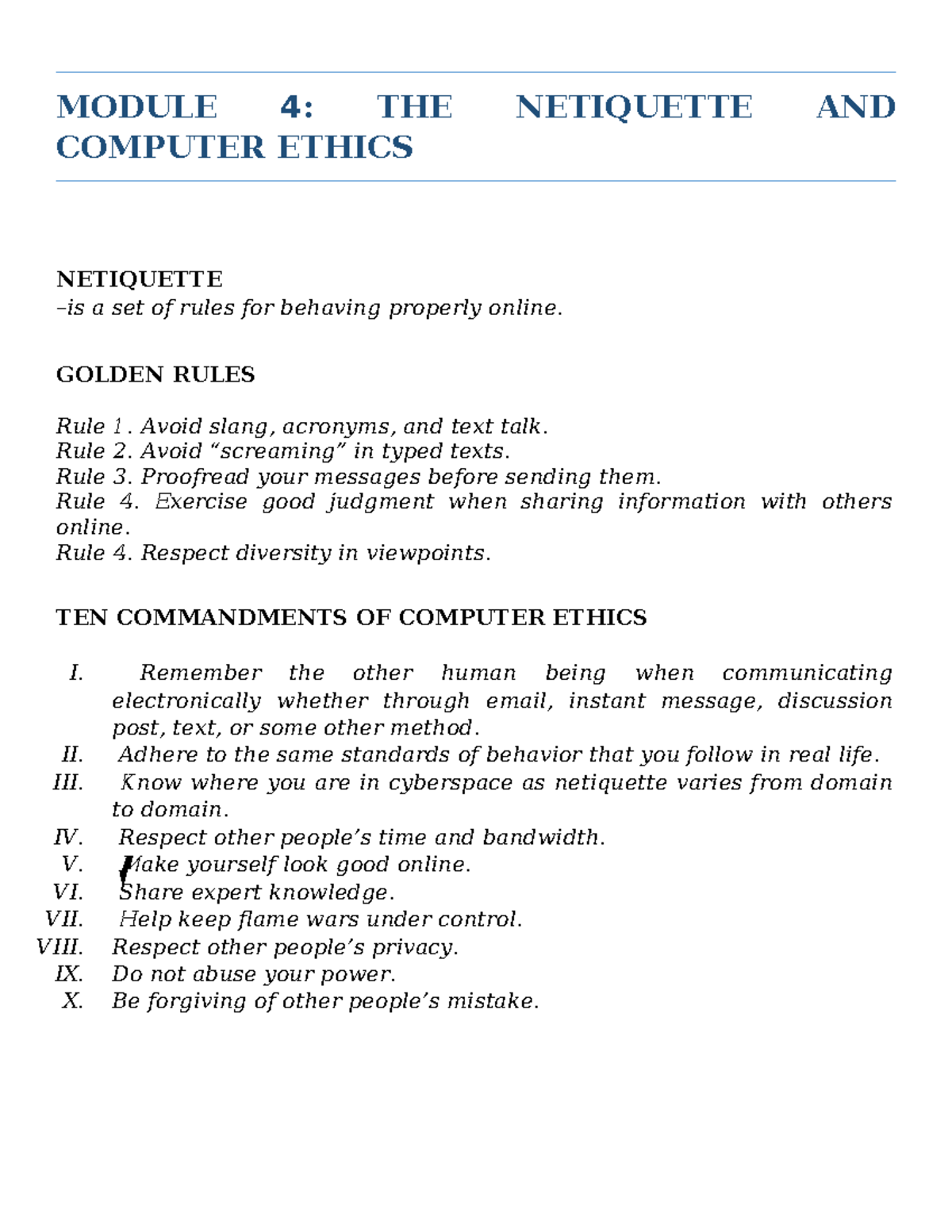 Netiquette In LITE - MODULE 4 : THE NETIQUETTE AND COMPUTER ETHICS ...