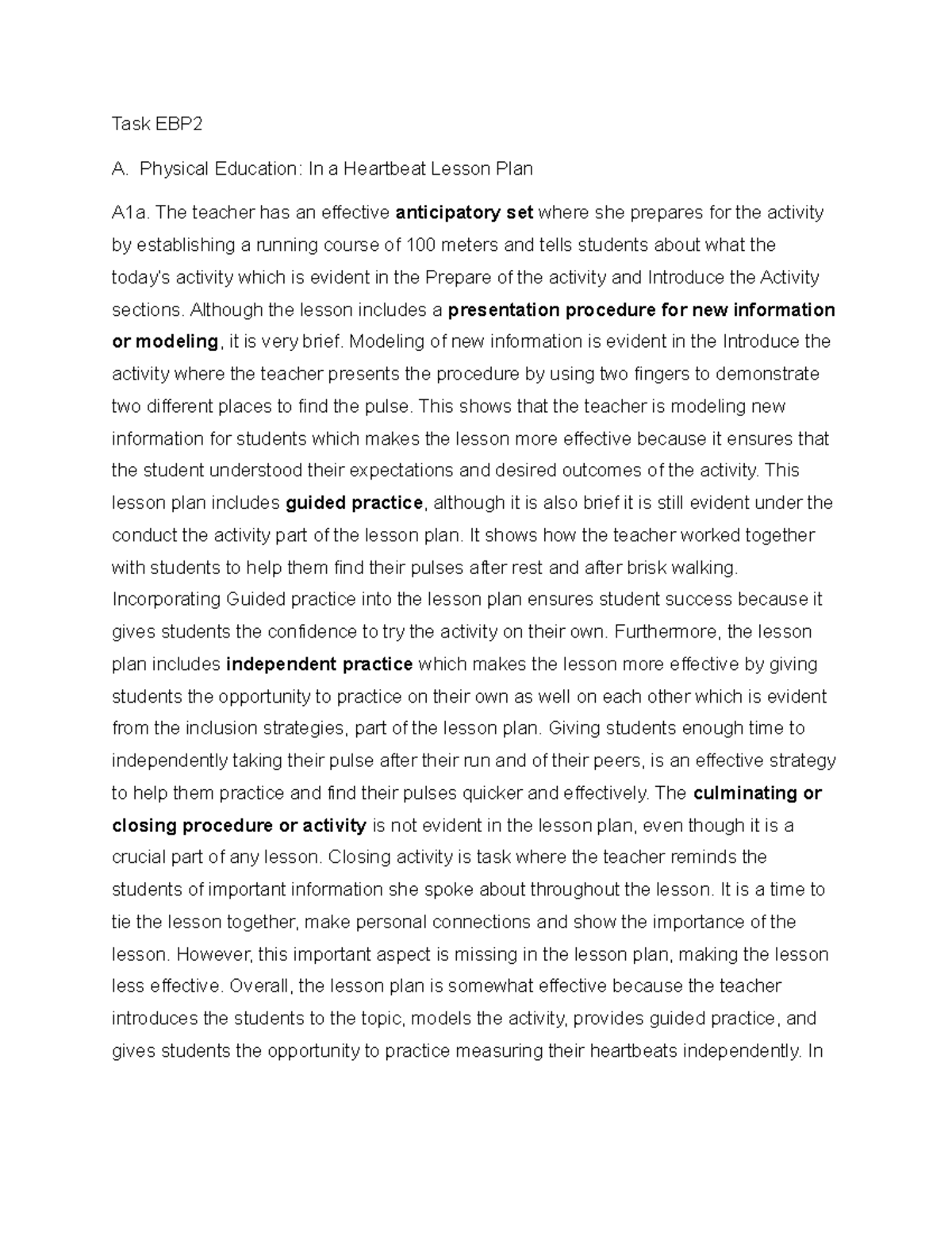 Elementary Physical and health methods - Task EBP A. Physical Education ...