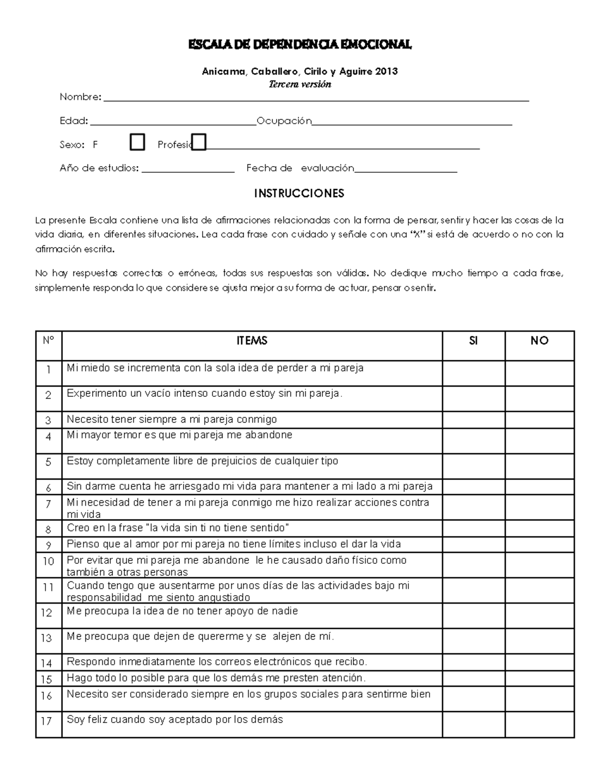 ACCA Escala de dependencia tercera version 2013 - ESCALA DE DEPENDENCIA EMOCIONAL Anicama, - Studocu