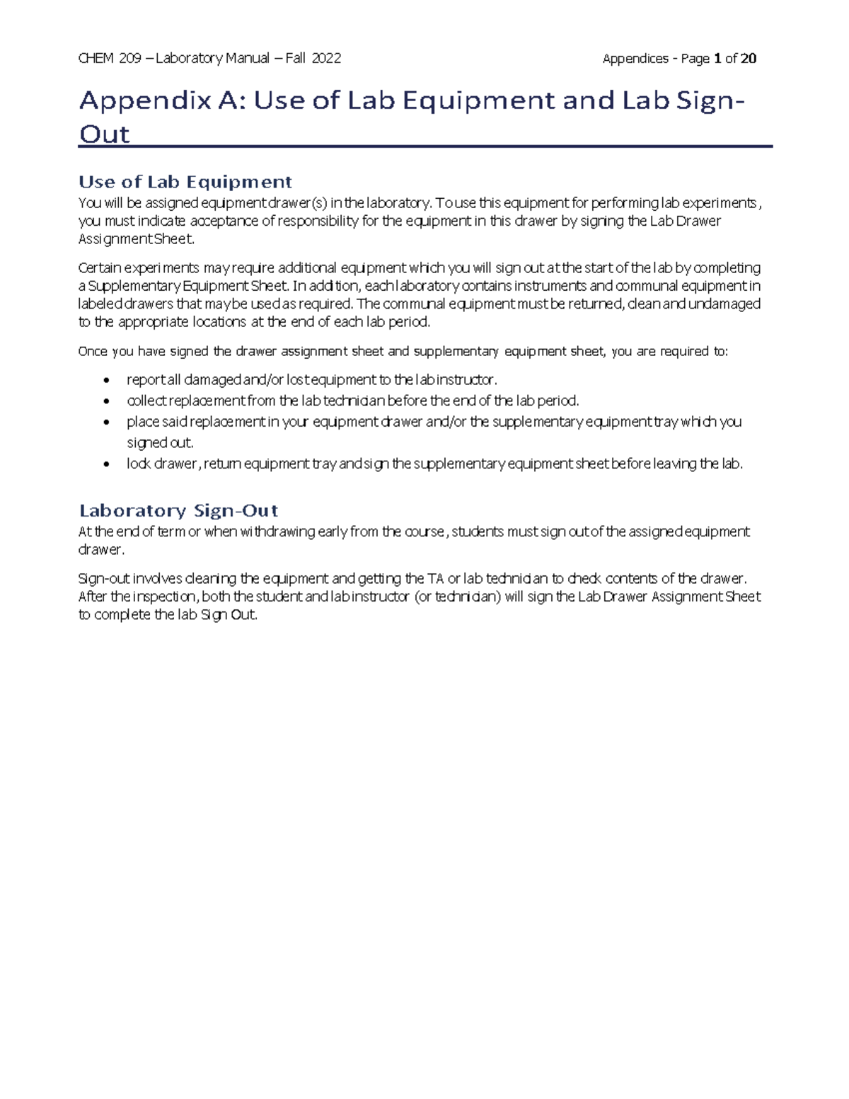 CHEM 209 Appendices F22 - Appendix A: Use of Lab Equipment and Lab Sign ...