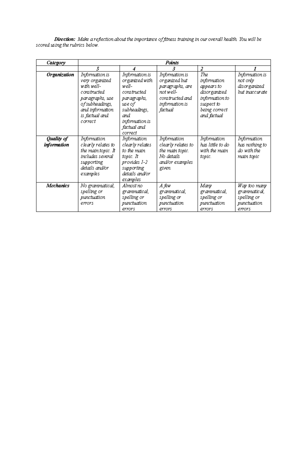 RUBRICS FOR ASSIGNMENT - Direction: Make a reflection about the ...