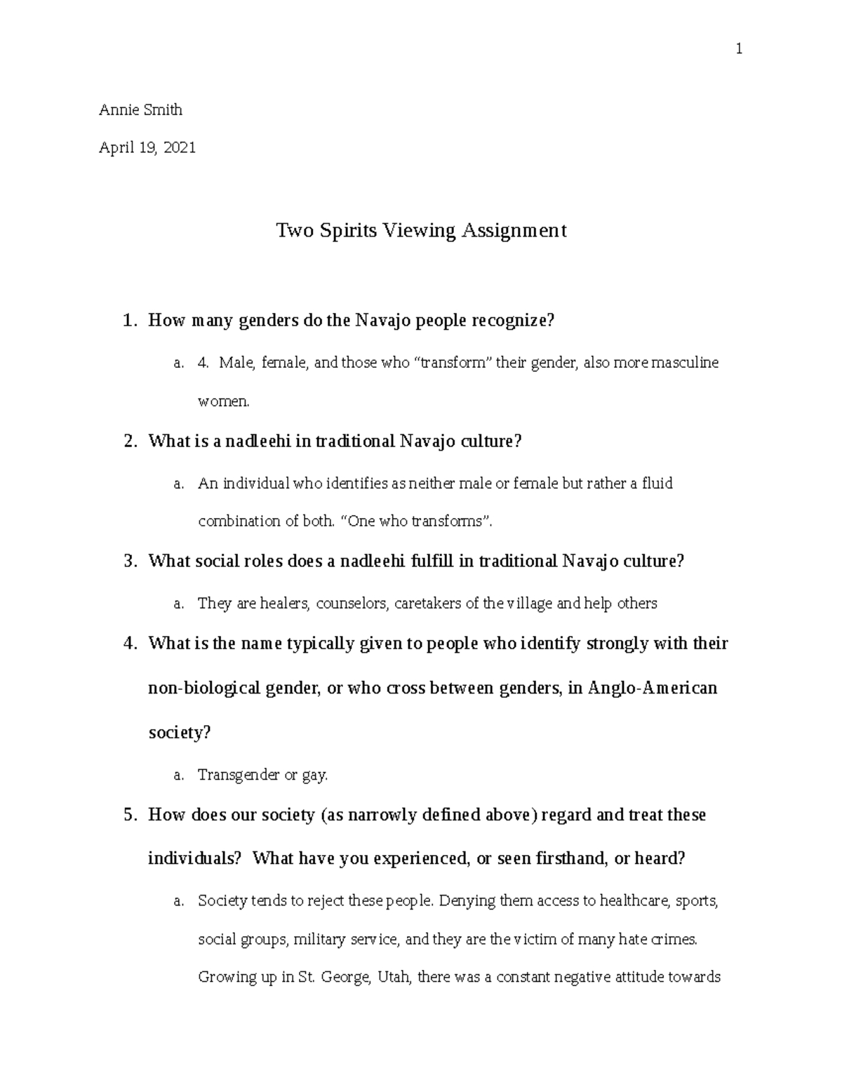 Two Spirits Assignment - 1 Annie Smith April 19, 2021 Two Spirits ...