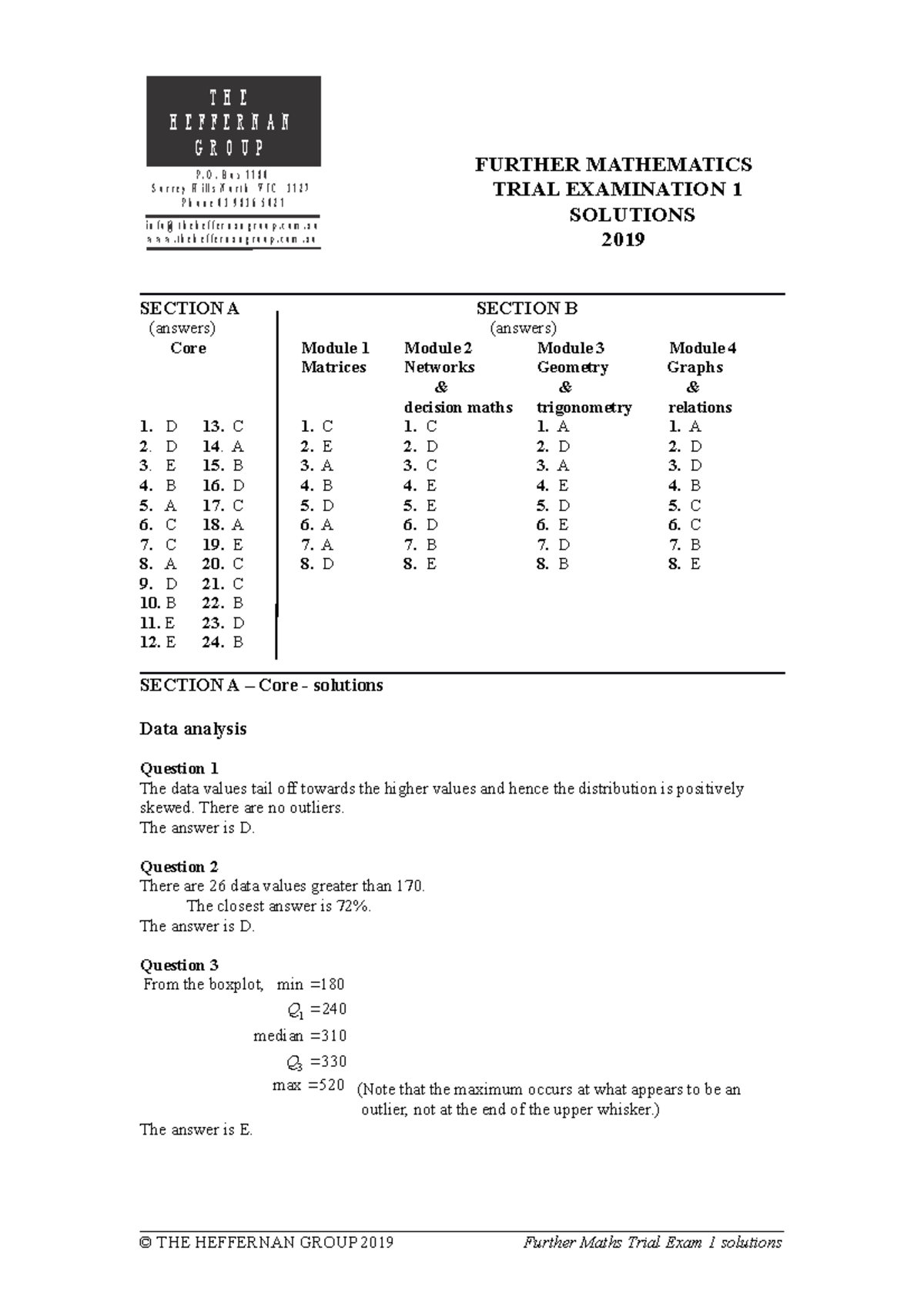 2019 Further Maths Exam 1 solutions - FURTHER MATHEMATICS TRIAL ...