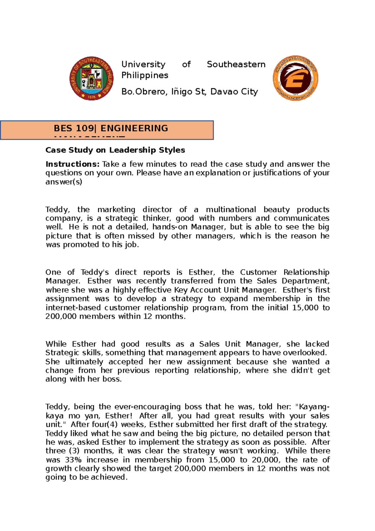 Case Study on Leadership Styles - University of Southeastern ...