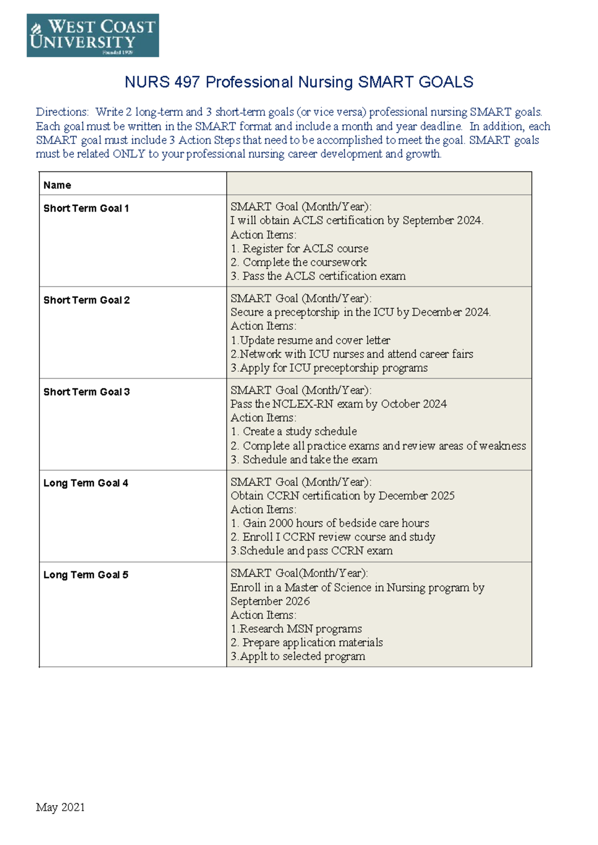 Document assignment - NURS 497 Professional Nursing SMART GOALS ...
